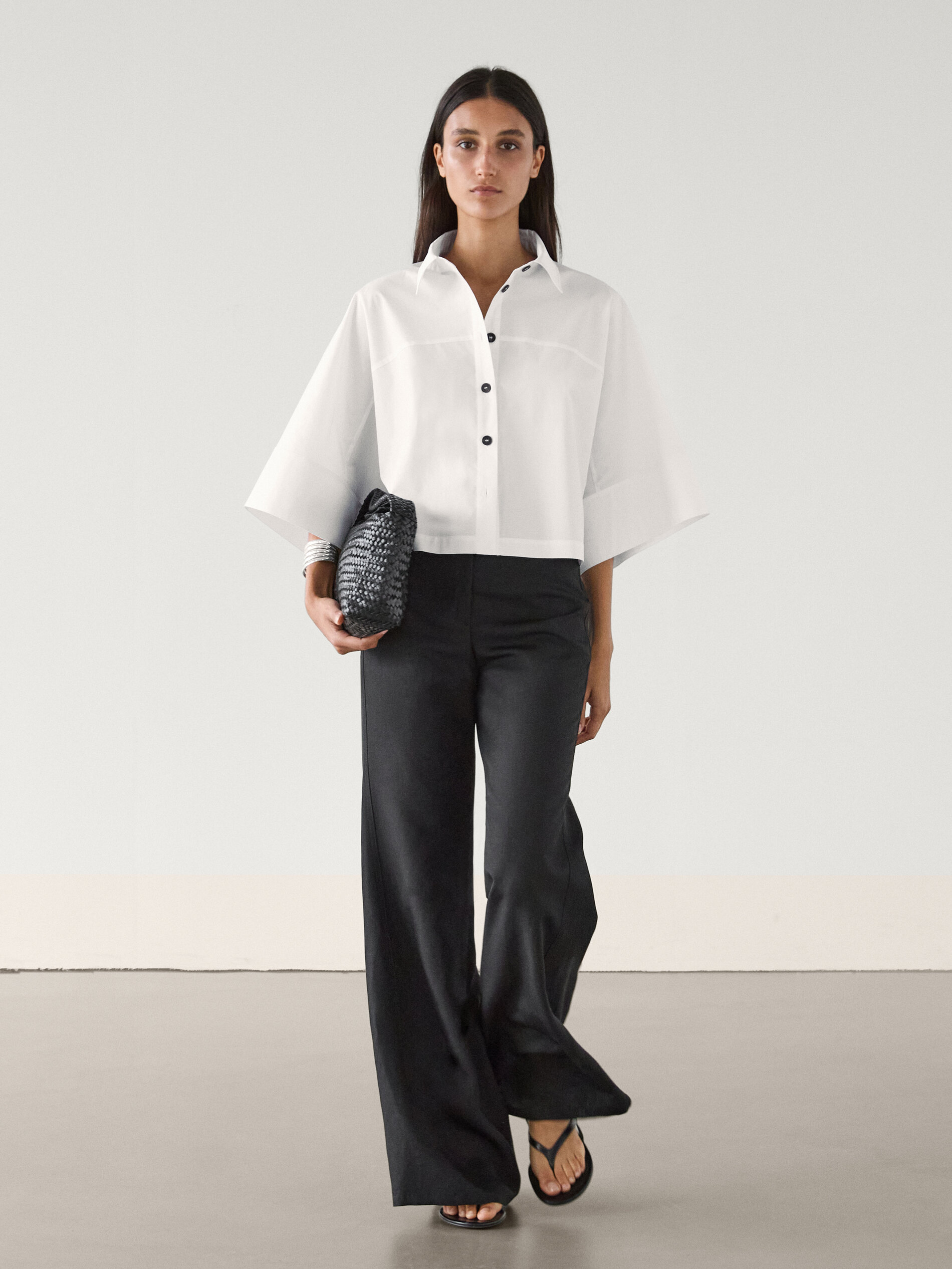 Cropped Cotton Co Ord Shirt · White Dark Khaki · Shirts Massimo Dutti