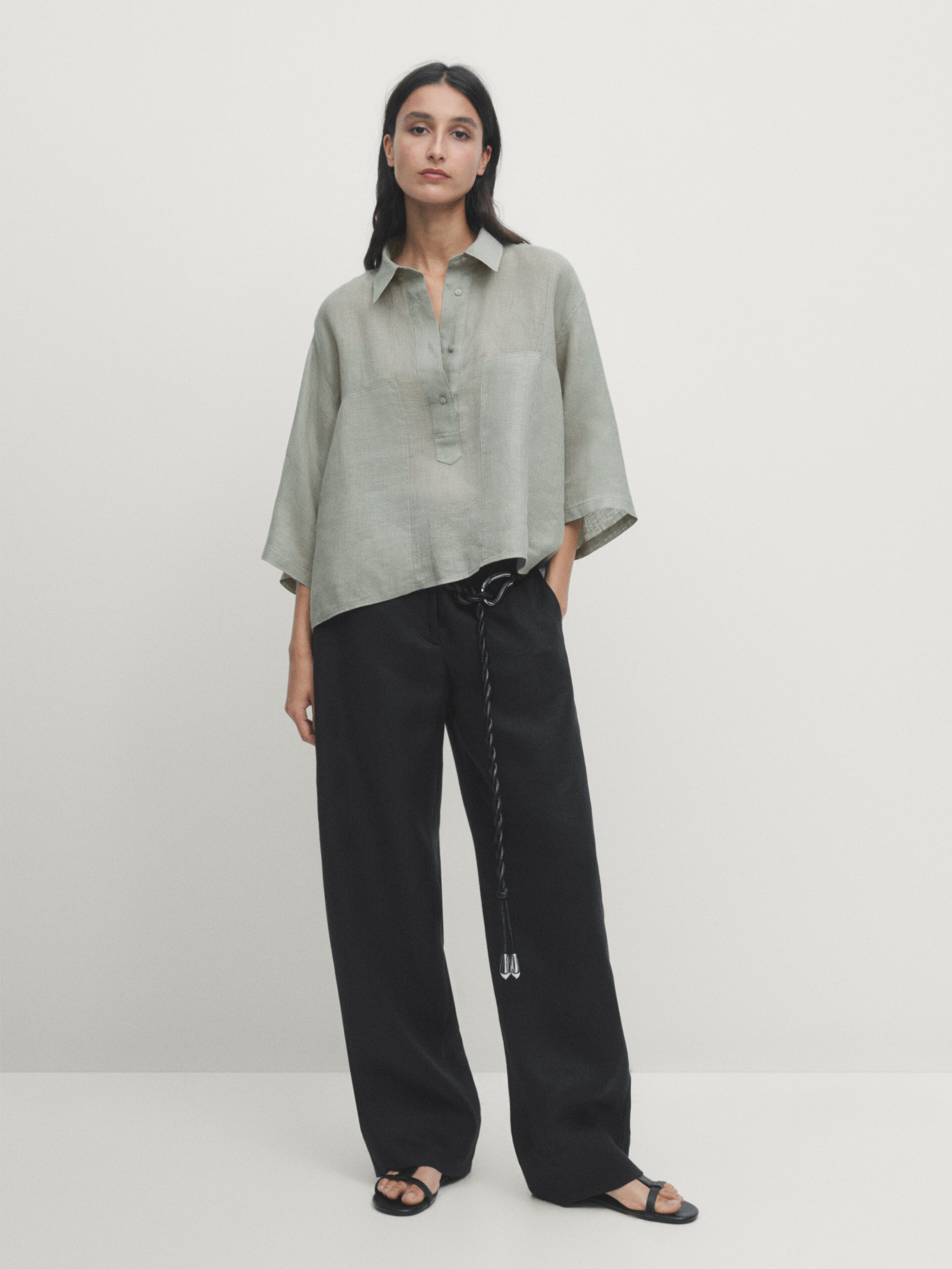 100% linen polo collar shirt · Pale Green, Deep Blue · Shirts | Massimo ...