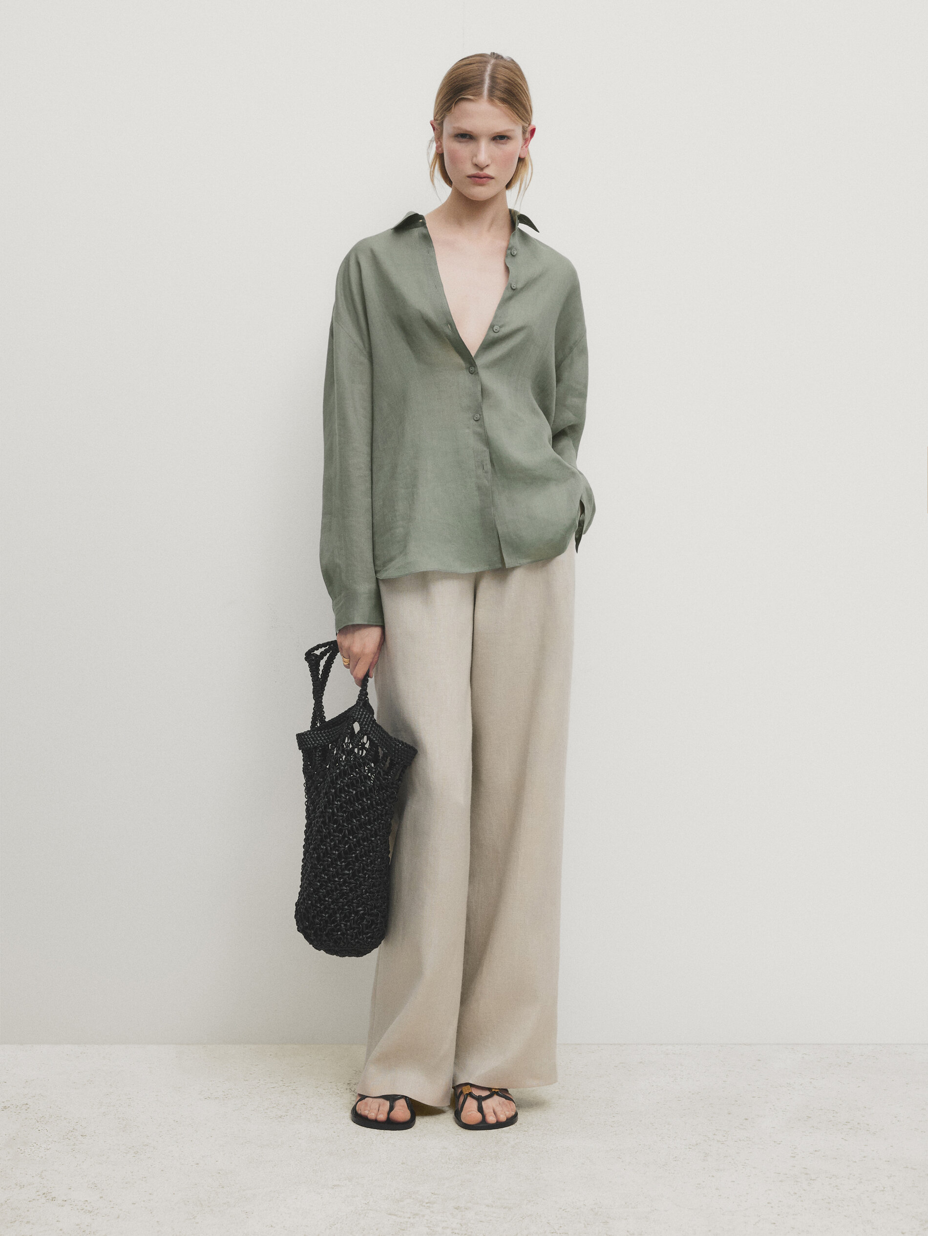 Ramie blend plain shirt · Pale Green, Toffee, Cream · Shirts | Massimo ...