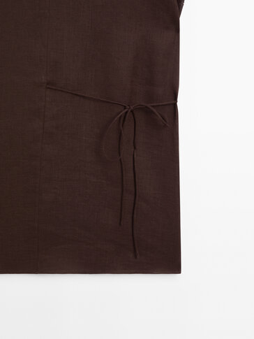 100% linen drop shoulder T-shirt with drawstring details · Chocolate ...