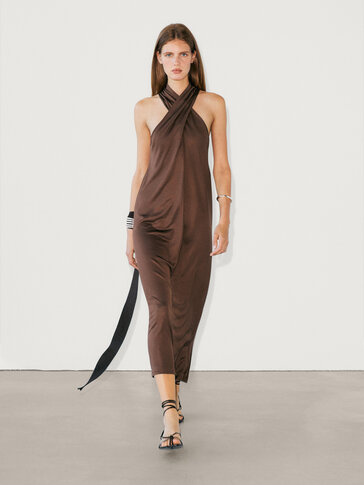 Robe midi portefeuille à encolure américaine · Marron · Habillé / Robes Et Combinaisons ...