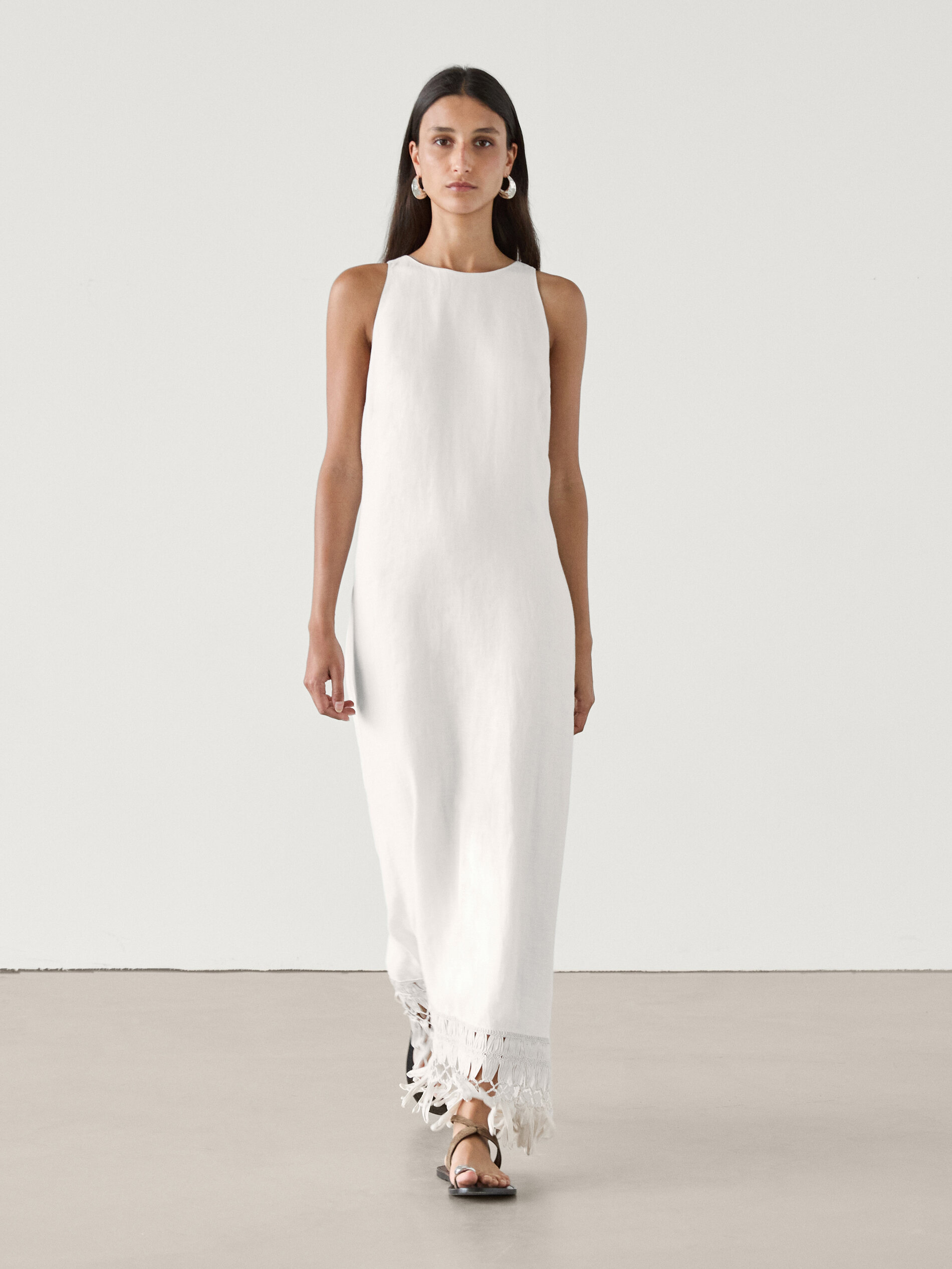 Long linen dress with fringe detail - Massimo Dutti