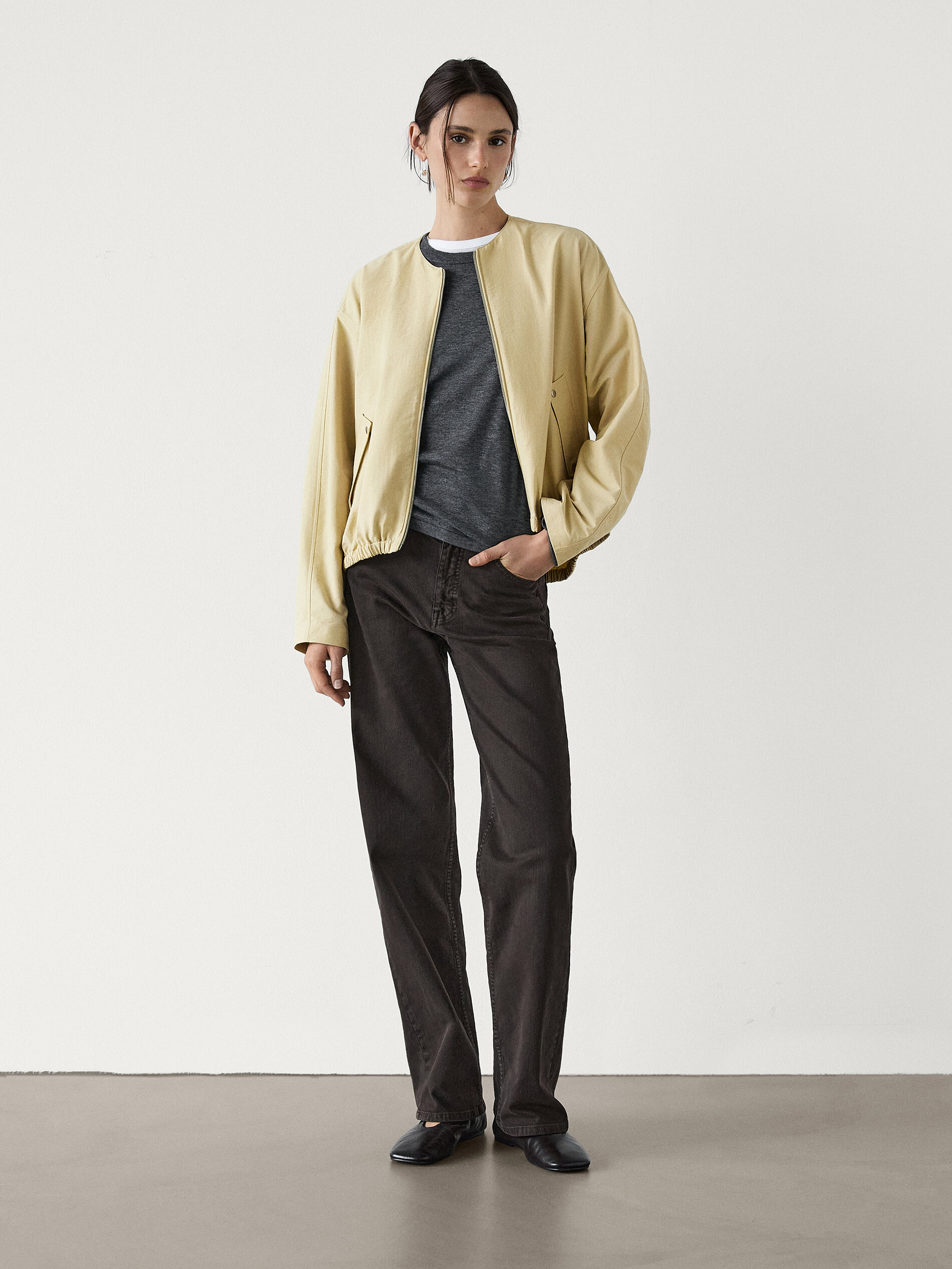 Crew neck jacket with snap-button pockets · Pale Yellow · Coats And ...