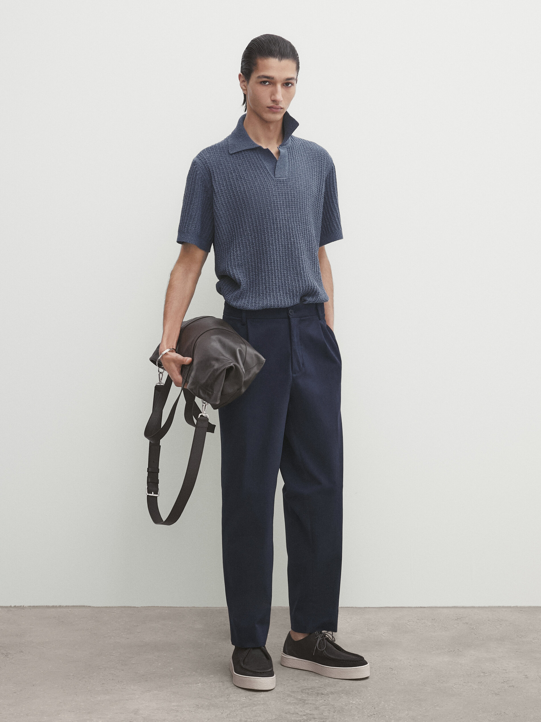 Текстурирана плетена поло маица со кратки ракави - Massimo Dutti Macedonia