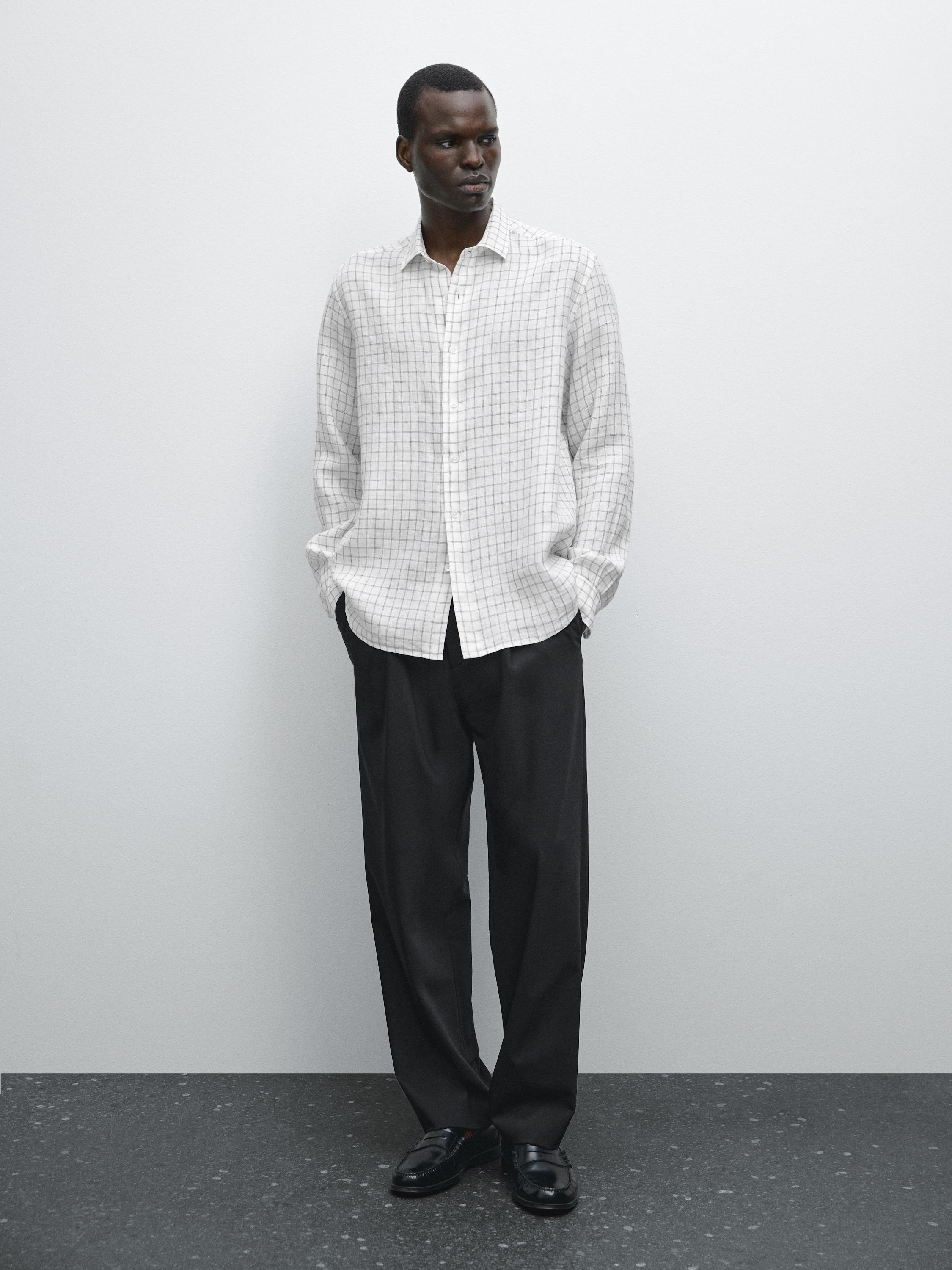 Regular-fit linen check shirt · White · Shirts | Massimo Dutti
