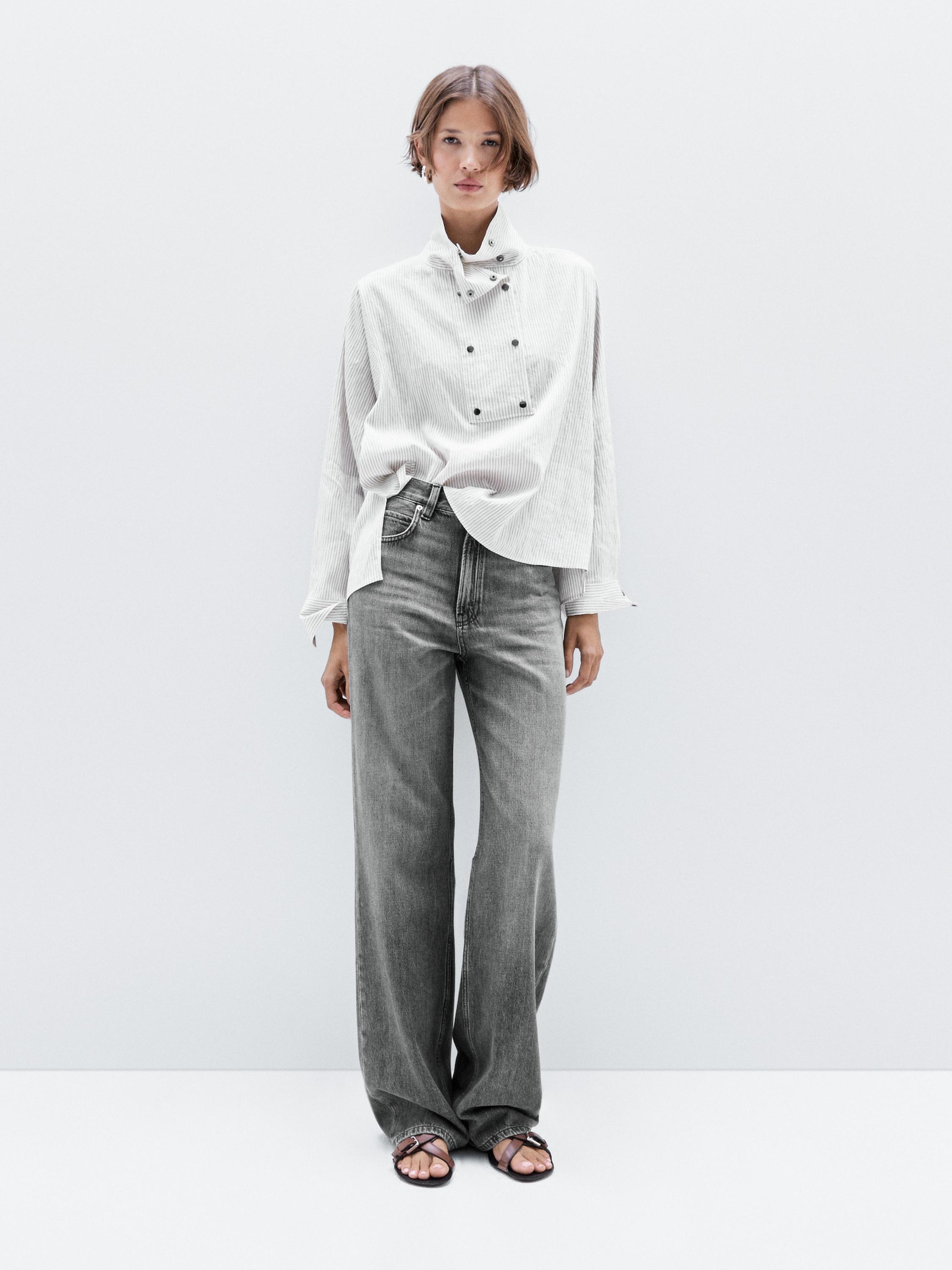 Jeans wide leg tiro alto · Gris, Azul Claro · Pantalón | Massimo Dutti