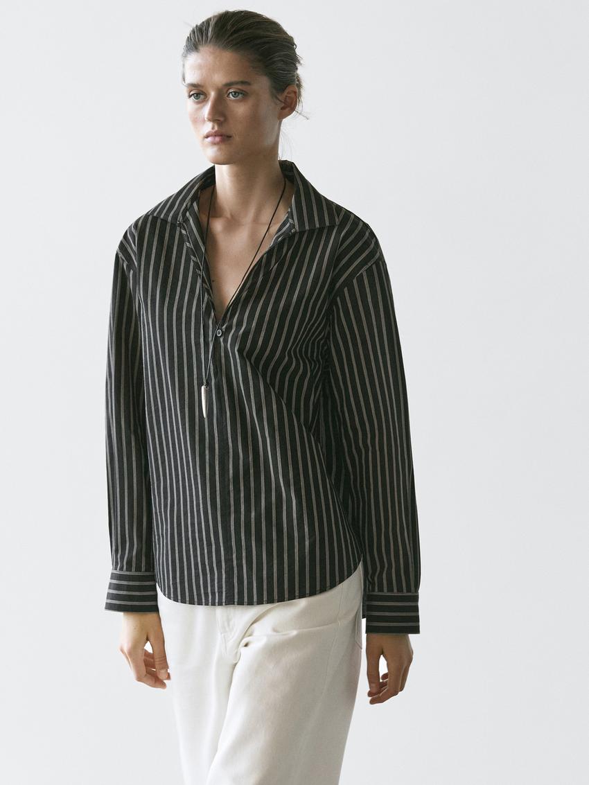 Camisa rayas mezcla algodón · Negro · Camisería | Massimo Dutti