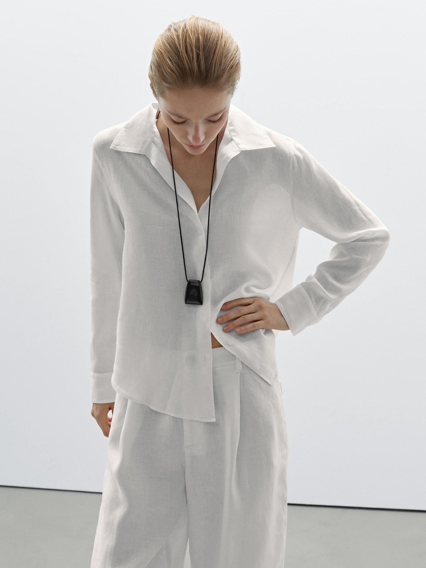 100% 린넨 오픈 칼라 셔츠 · 화이트, 레드, 갈색 · 셔츠 라인 | Massimo Dutti