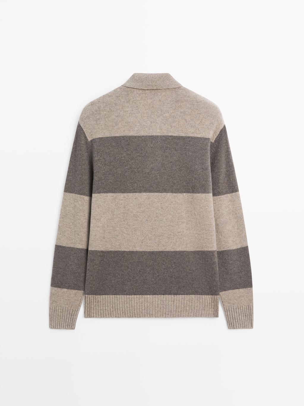 Striped wool blend knit polo sweater · Mole Brown · Sweaters | Massimo ...