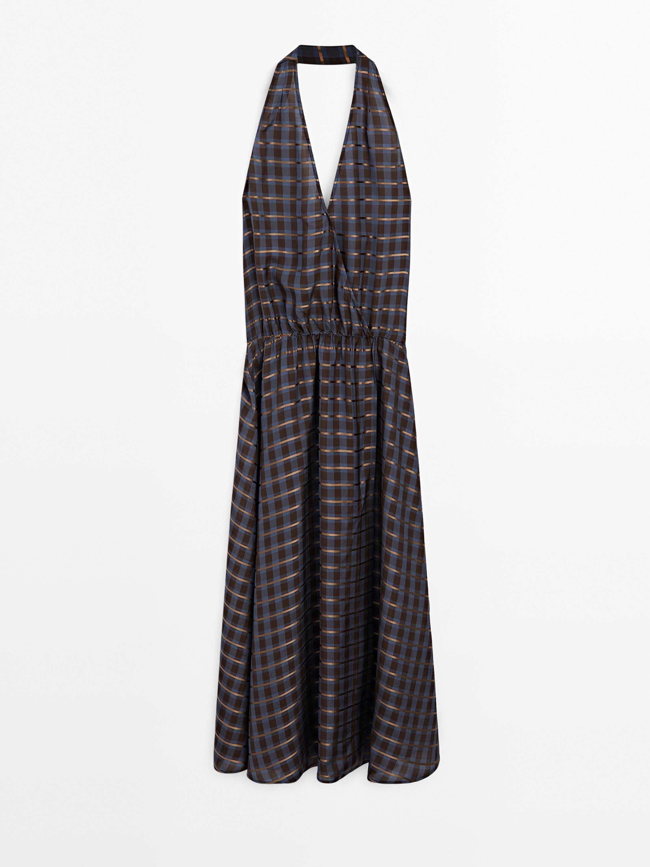 Long printed halter neck flounce dress · Chocolate · Caps And Hats | Massimo Dutti