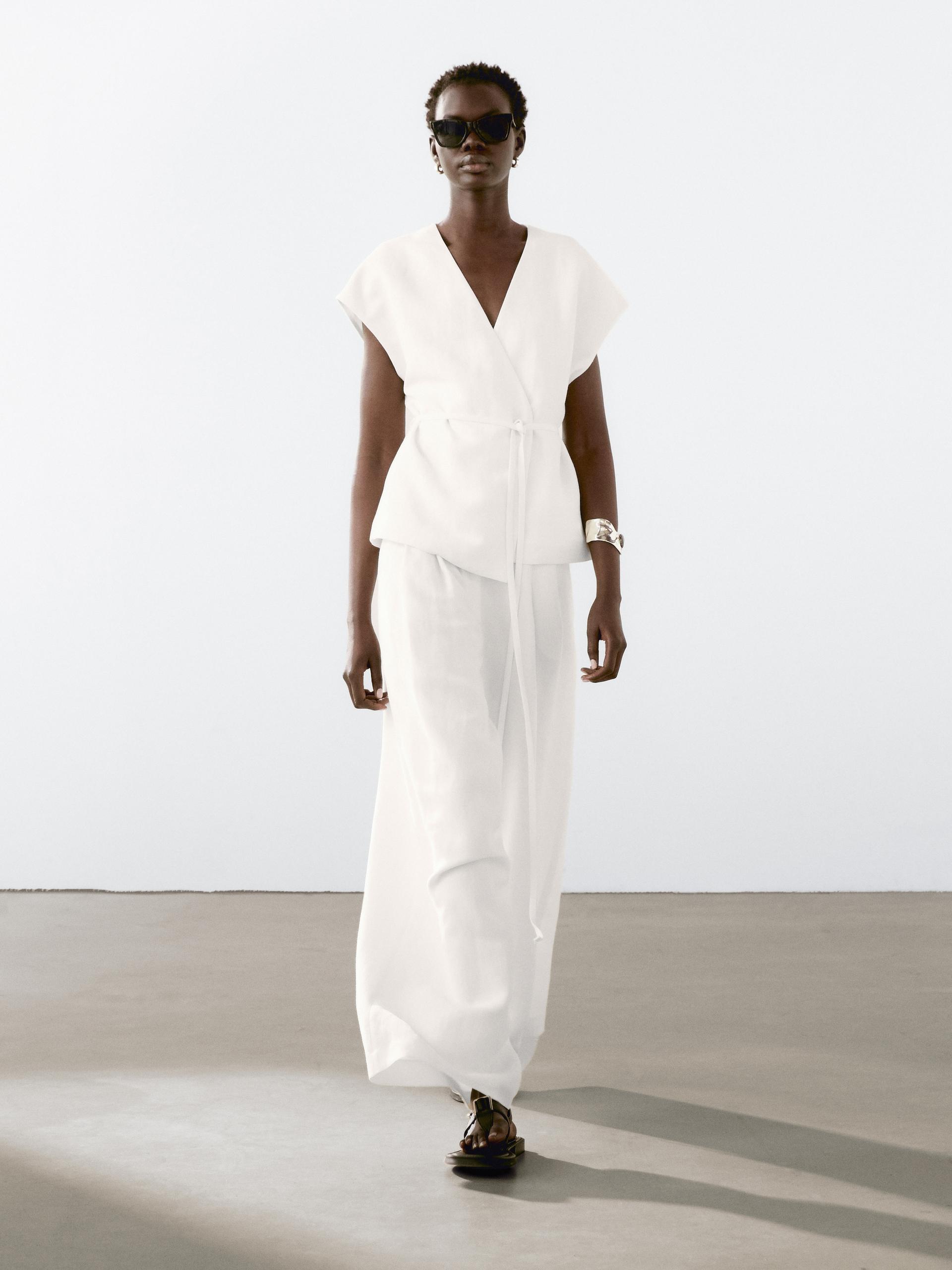 Kimono na preklop od mešavine lana sa vezivanjem · Krem · Dressy | Massimo Dutti