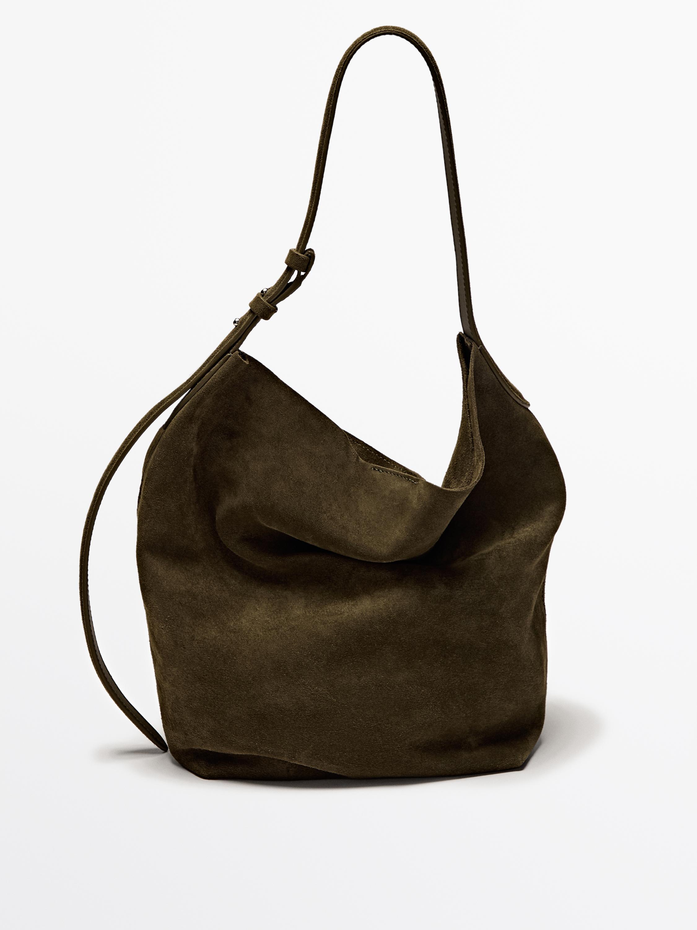 Split suede leather bucket bag · Green, Sand · Accessories | Massimo Dutti