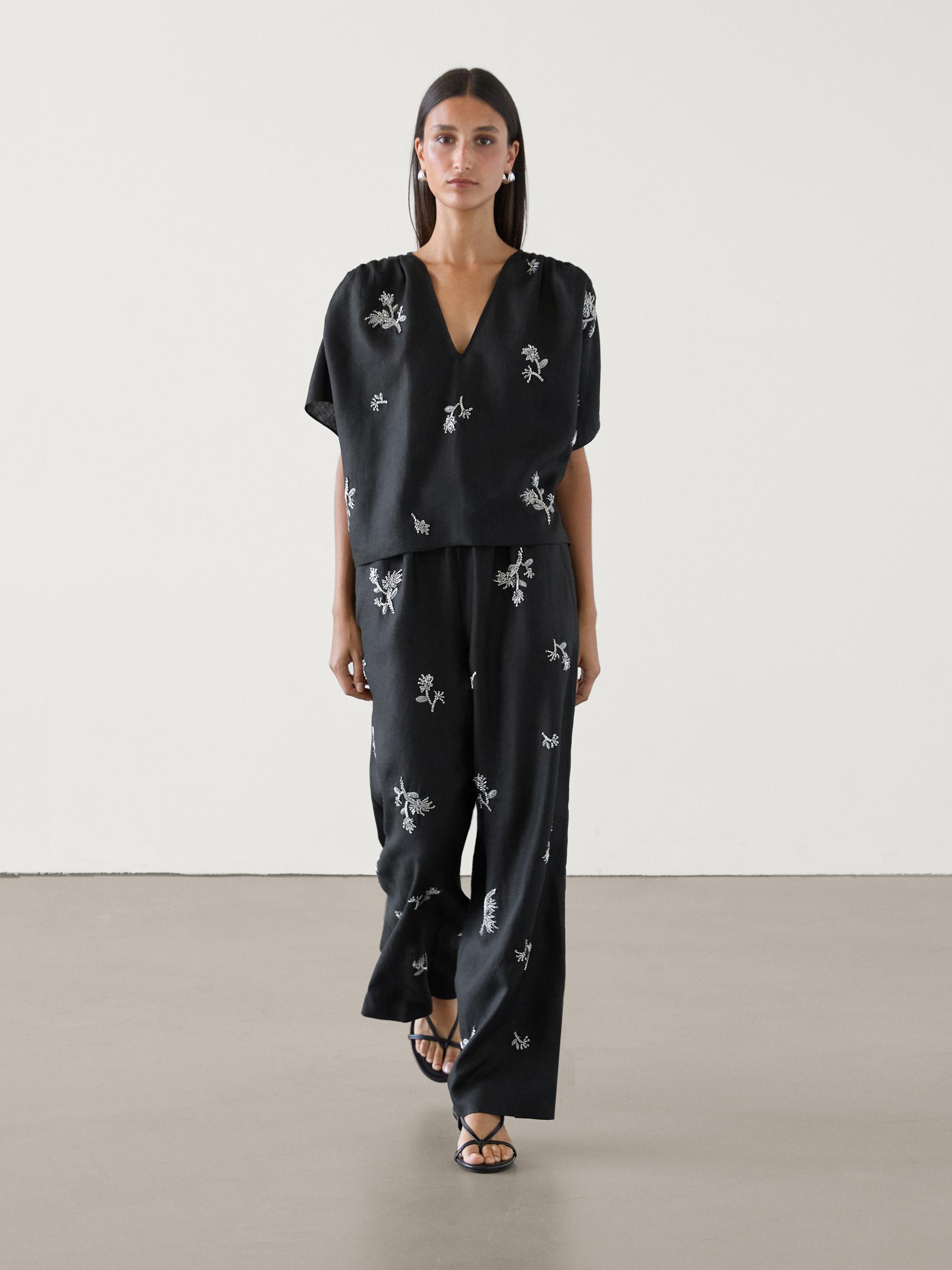 Pantalon 100 % lin brodé ensemble · Noir · Habillé | Massimo Dutti