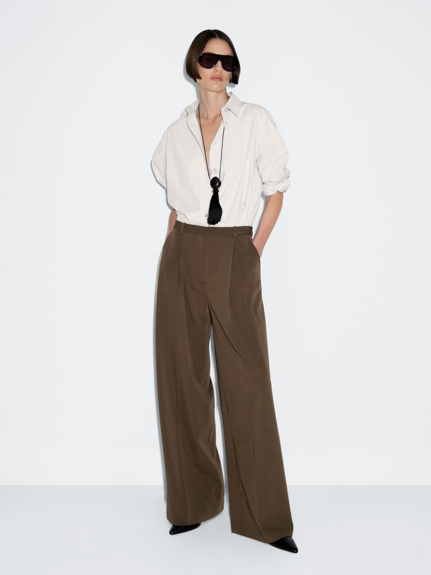 핀턱 와이드 팬츠 · 갈색 블랙 · 팬츠 Massimo Dutti 8919
