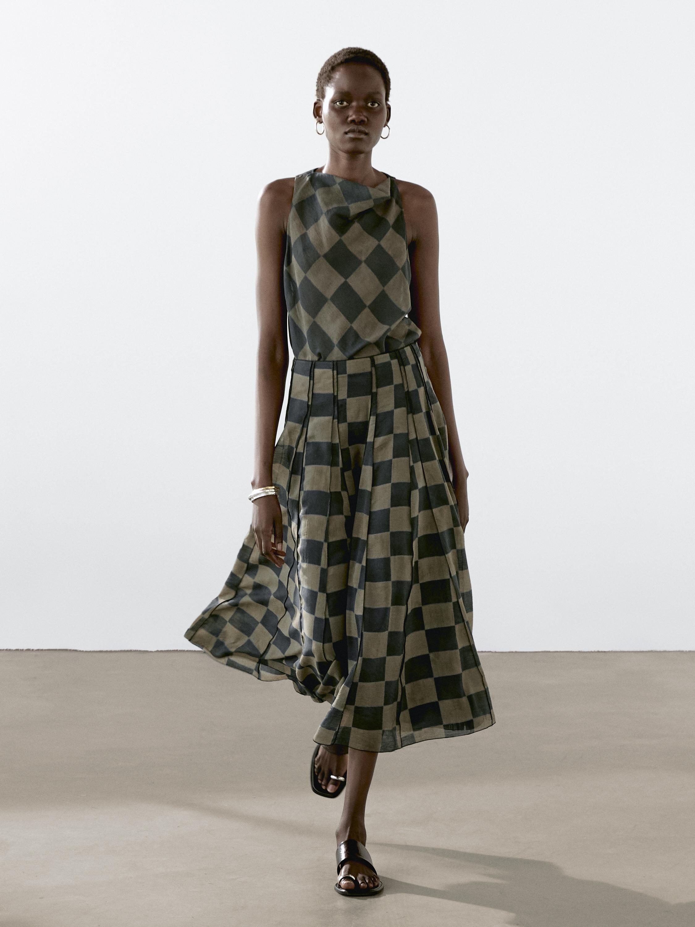 Draped check halter top · Dark Khaki · Dressy | Massimo Dutti