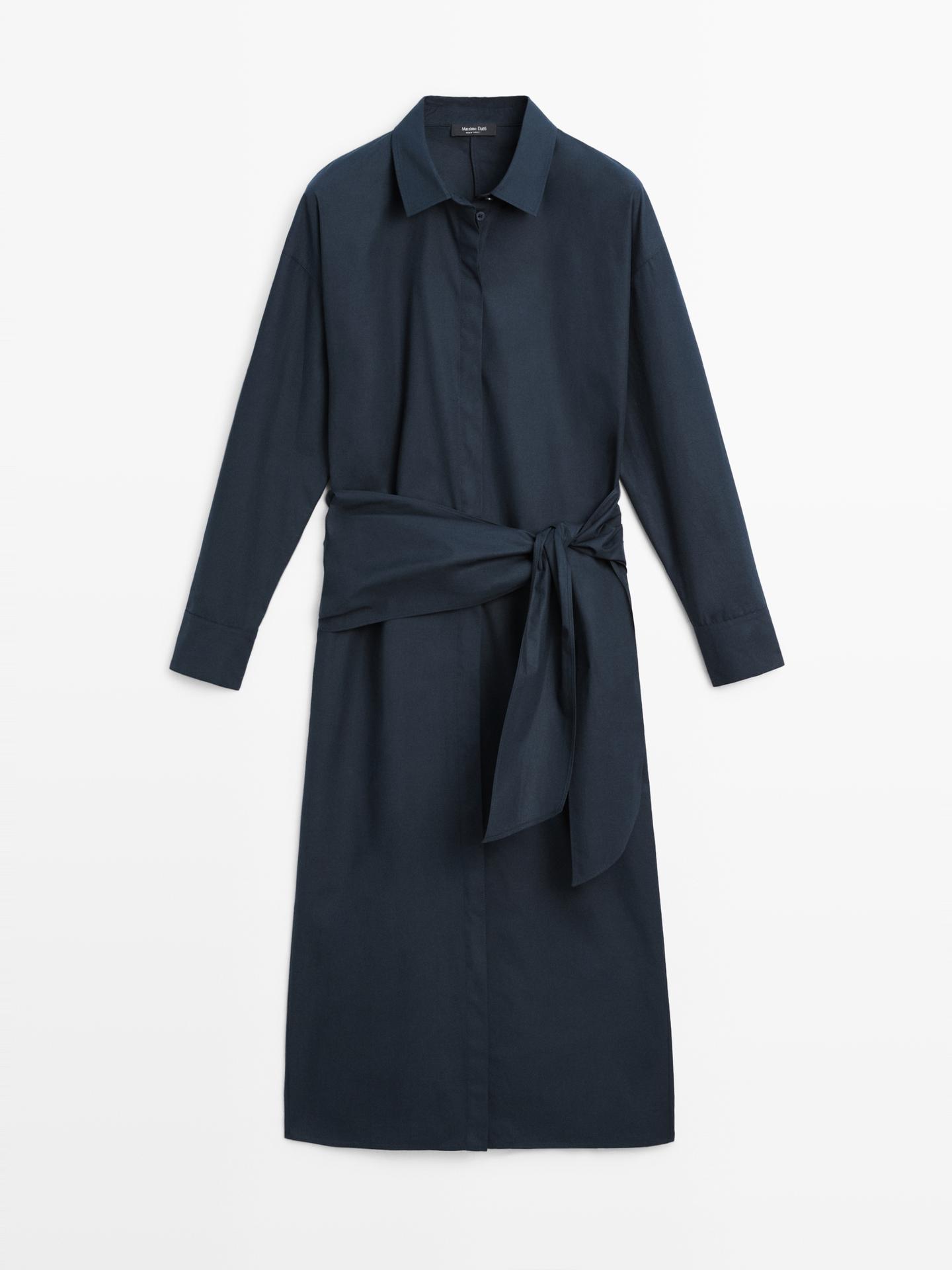 Lange shirtdress met sjaaldetail · Blauw · Petten En Hoeden | Massimo Dutti
