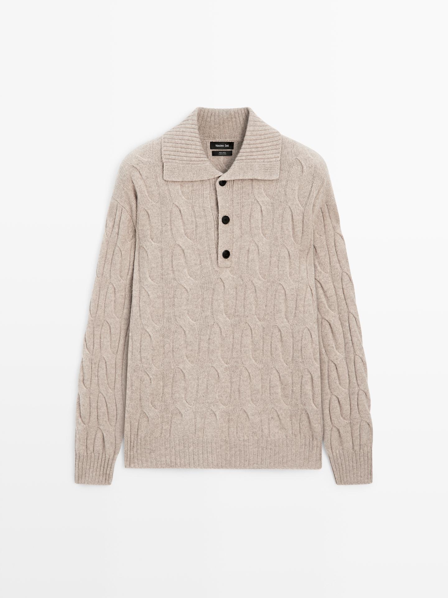 Pulover polo din tricot de lână cu torsade · Nisip, Bleumarin ...