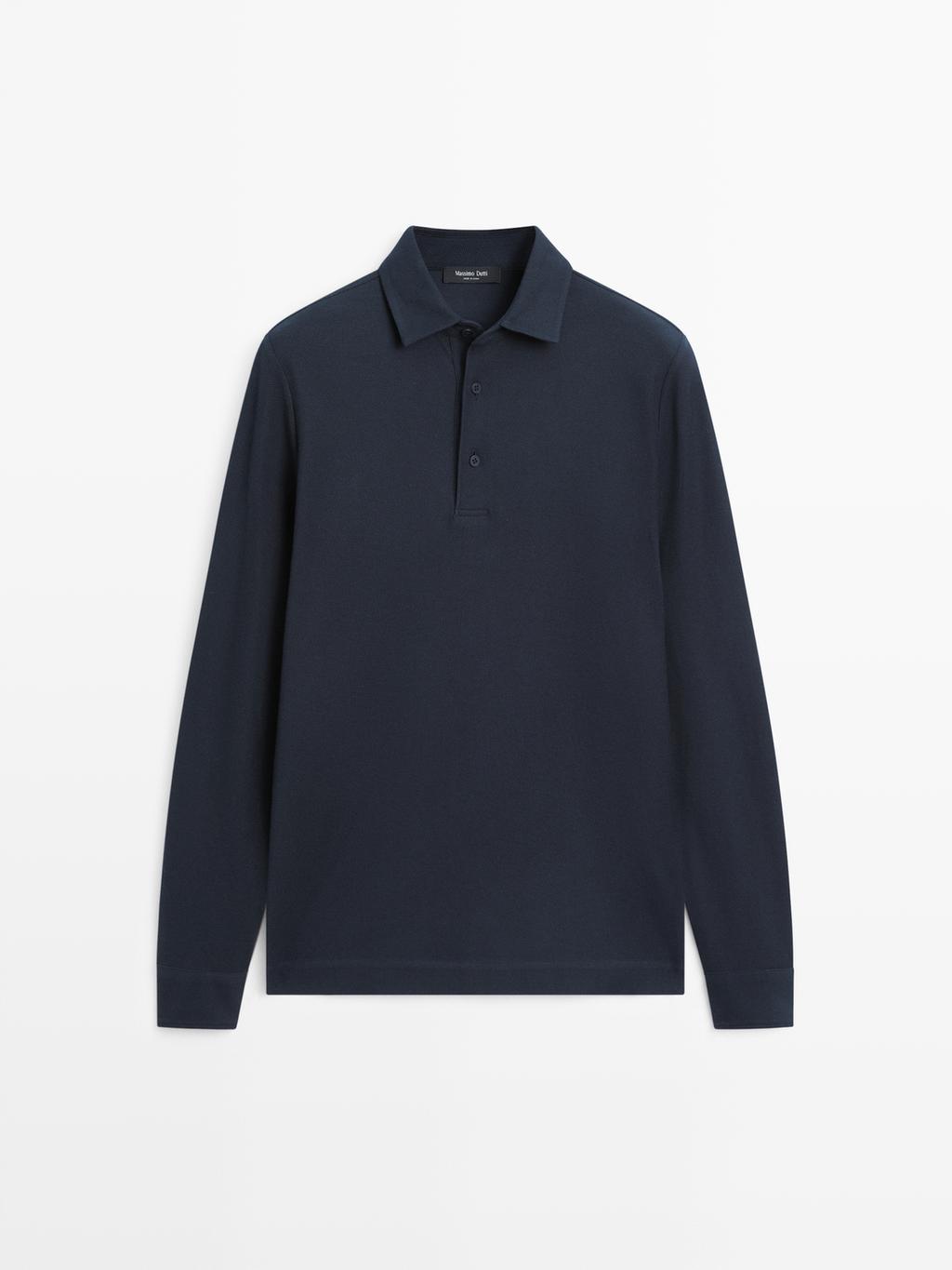 Textured piqué polo shirt with long sleeves · Navy Blue, Bottle ...