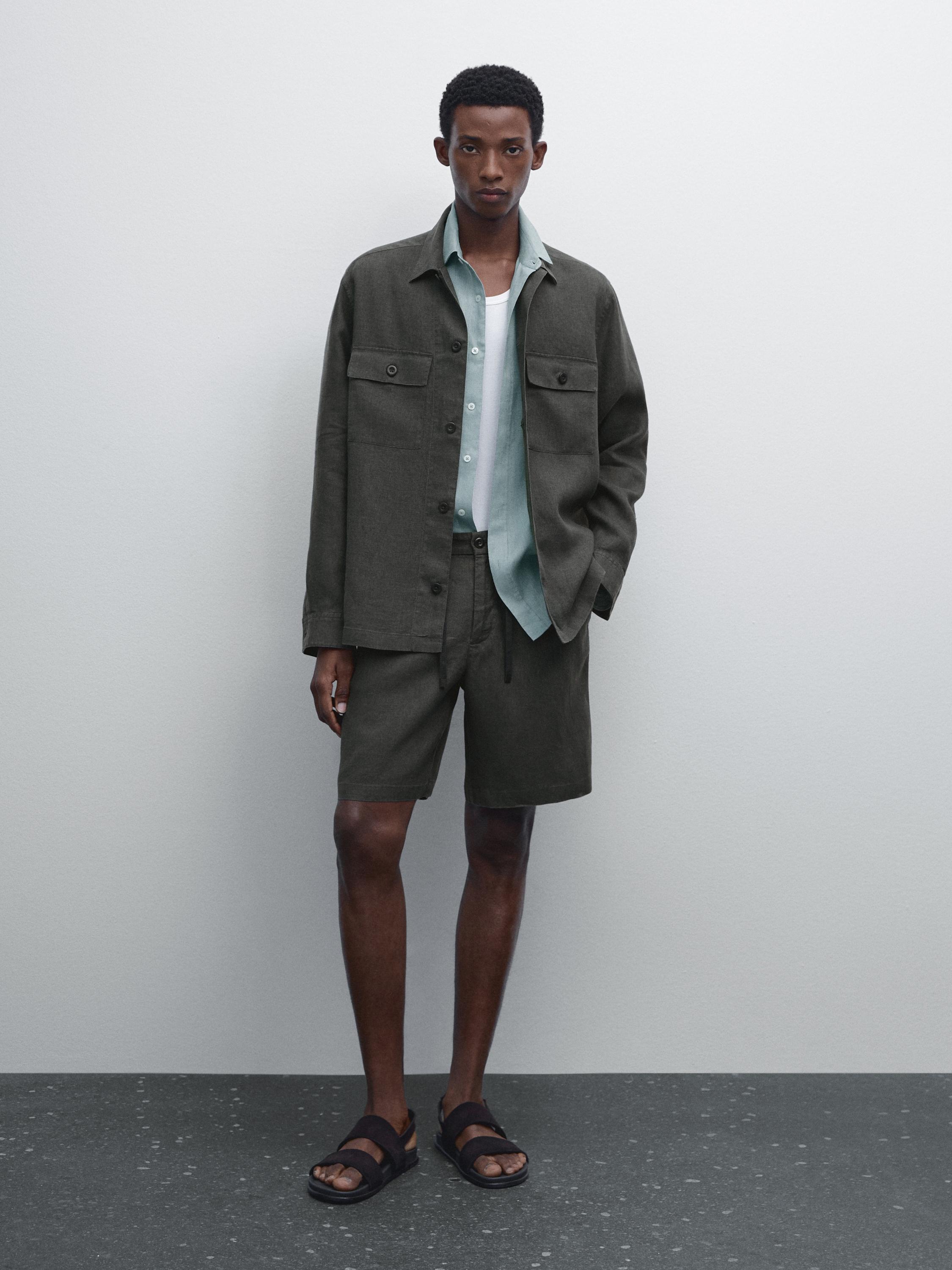 100% linen overshirt · Dark Green, Ochre · Accessories | Massimo Dutti