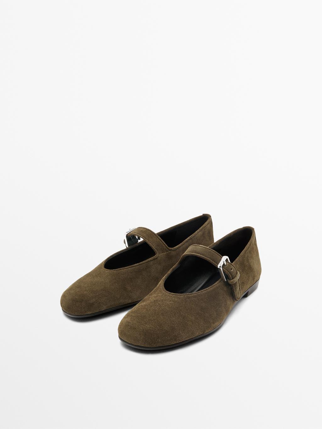 Split leather ballet flats · Khaki · Balletâ Flats | Massimo Dutti