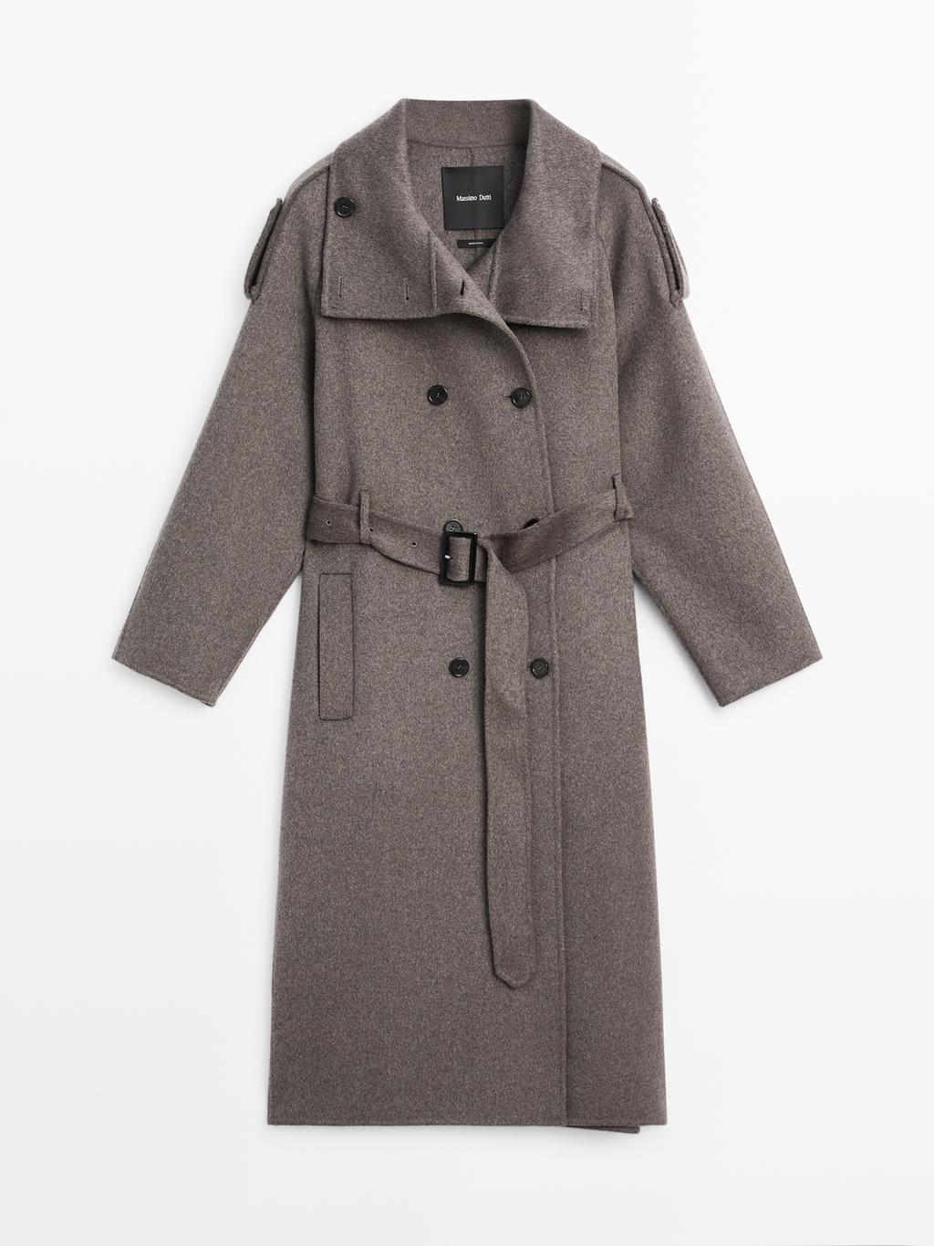 Long wool blend trench coat with belt · Lead · Coats | Massimo Dutti