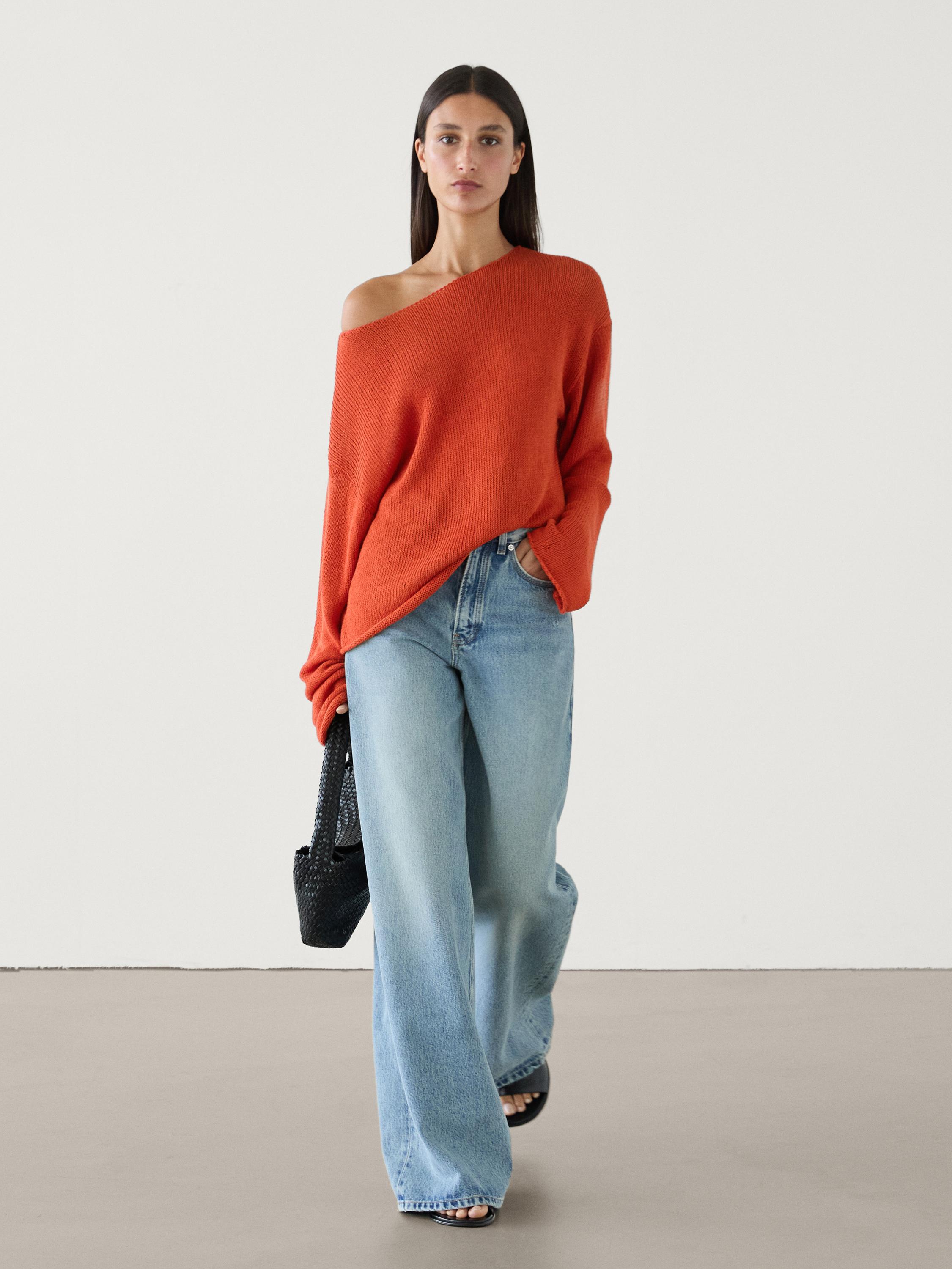 Linen blend boat neck knit sweater · Orange · Sweaters And Cardigans ...