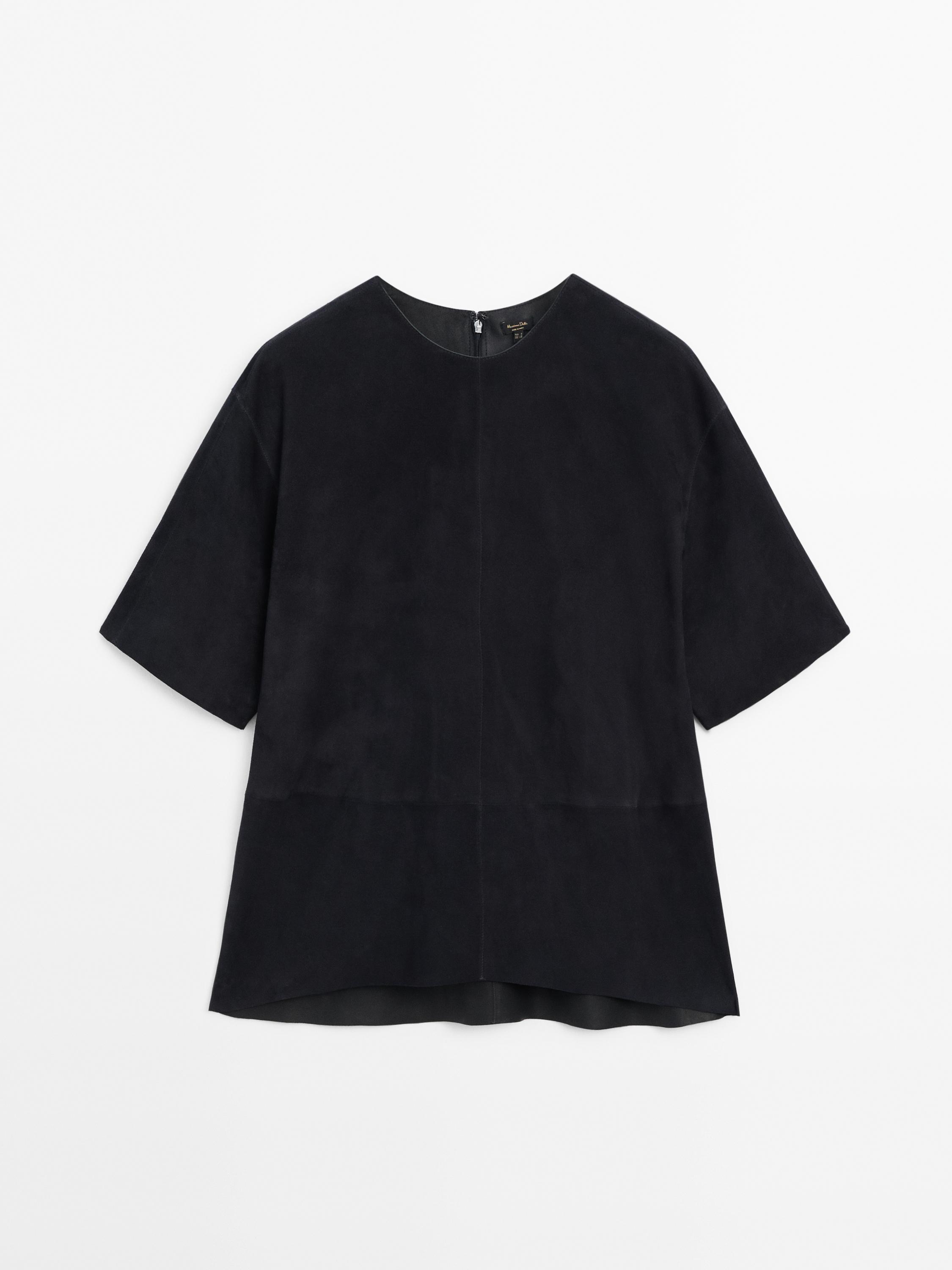 Blusa in pelle scamosciata a maniche corte · Azzurro · Gonne | Massimo ...