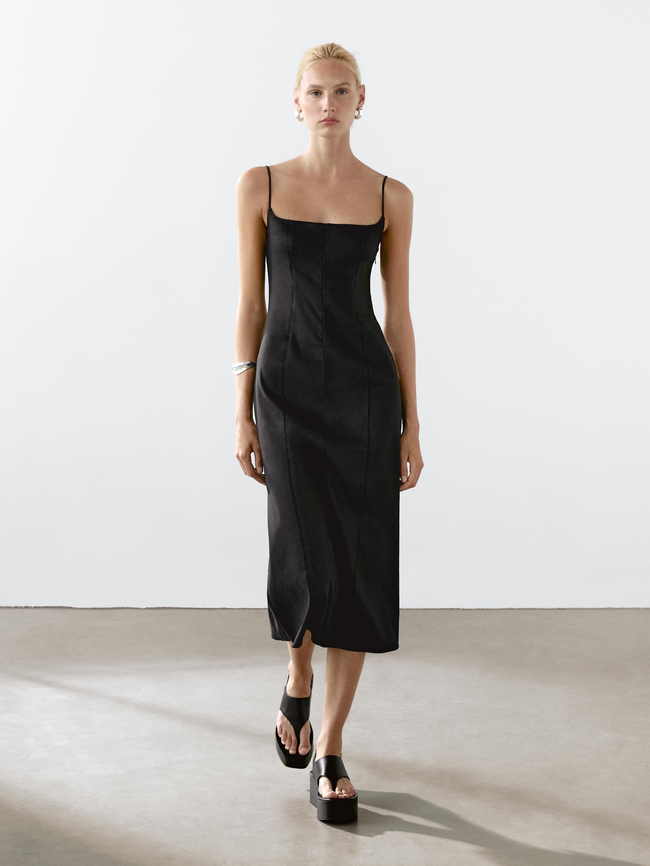 Strappy linen midi dress · Black · Caps And Hats | Massimo Dutti