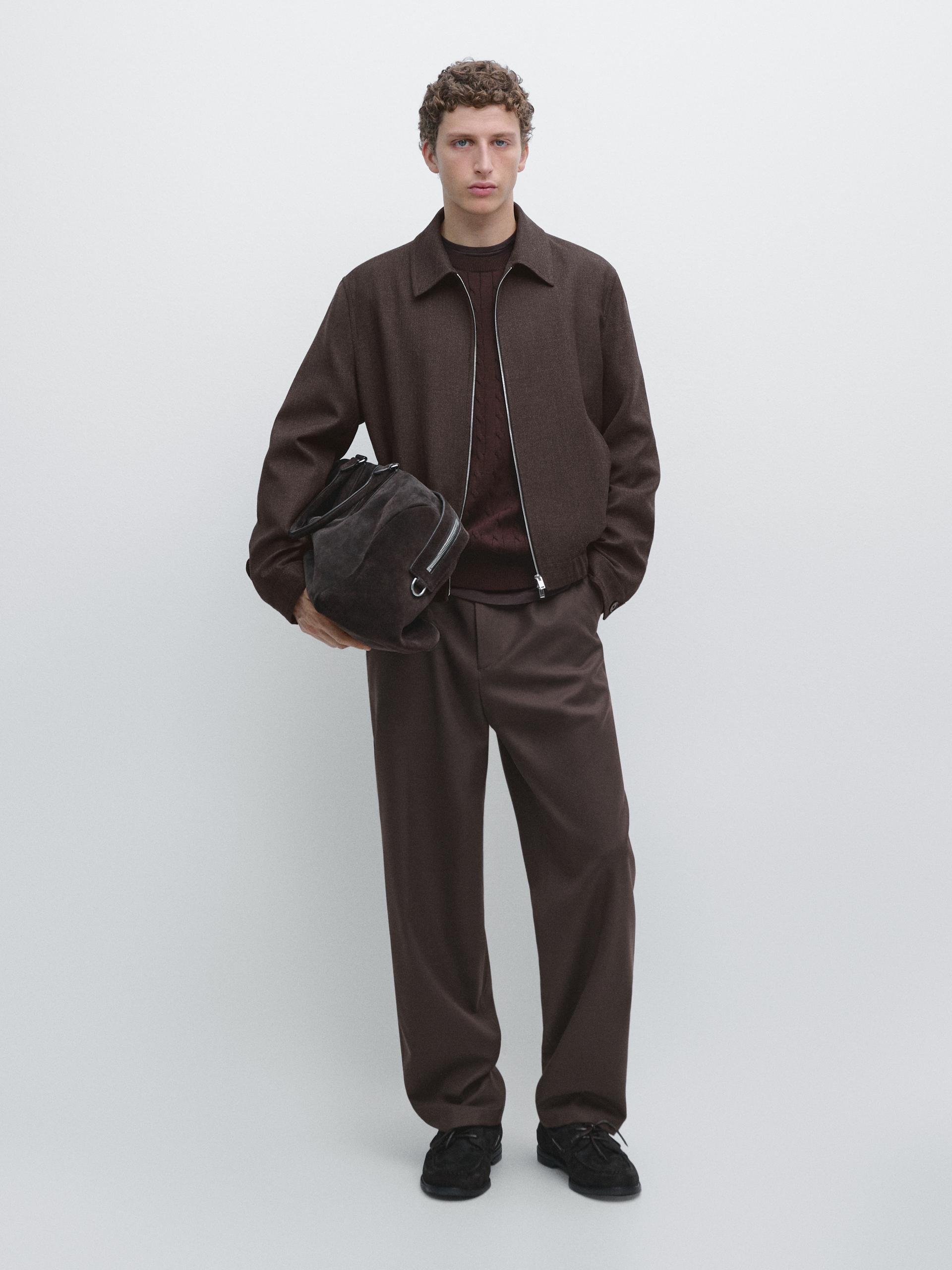 Wool zip bomber jacket · Brown · Small Leather Goods | Massimo Dutti