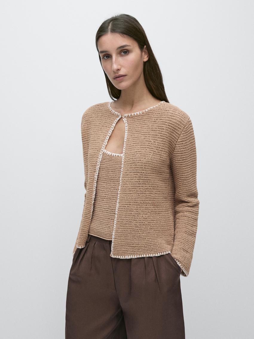 Cárdigan punto contraste mezcla algodón · Camel · Cardigan | Massimo Dutti