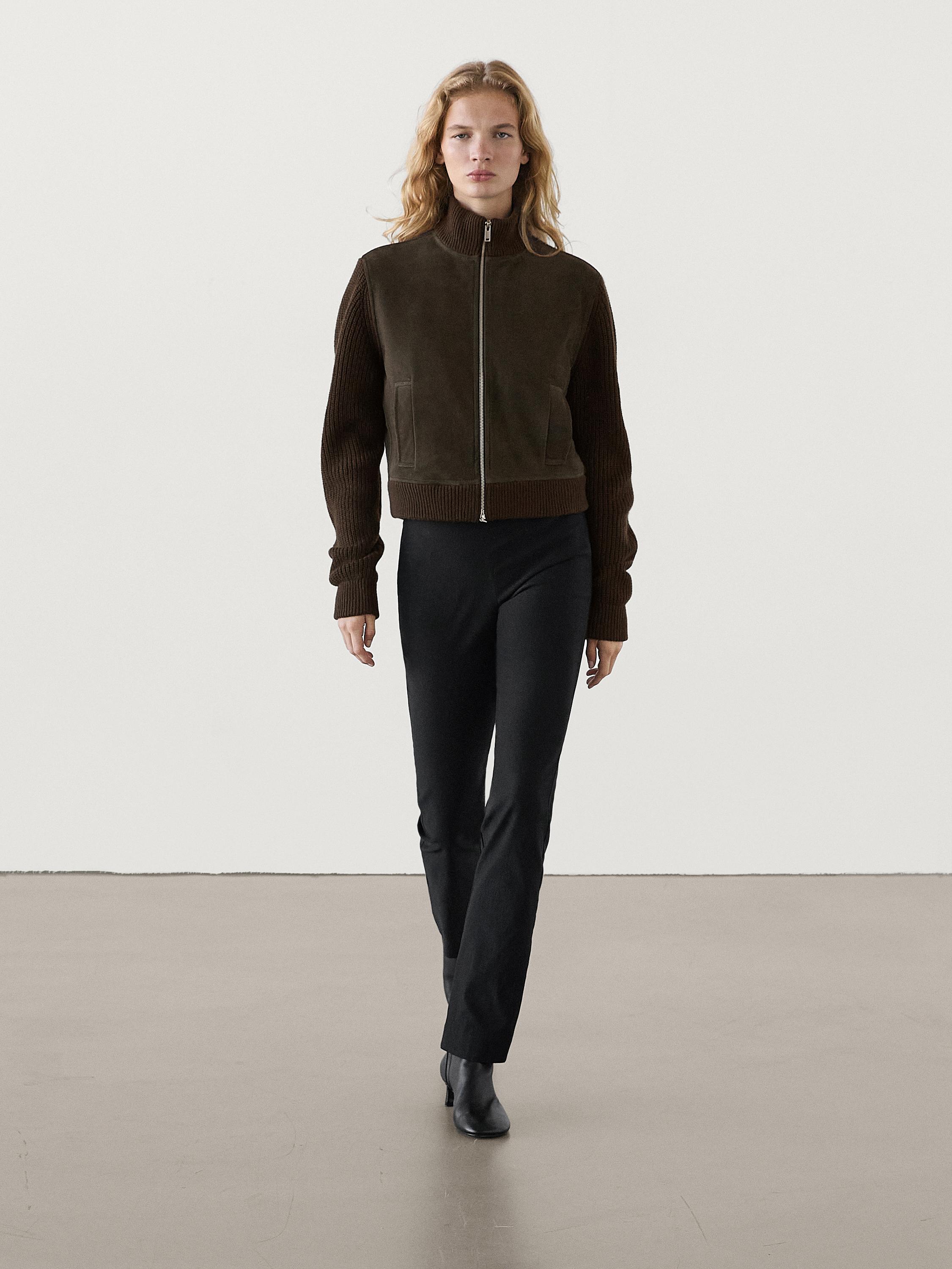 Contrast leather wool blend jacket · Brown · Sweaters And Cardigans ...