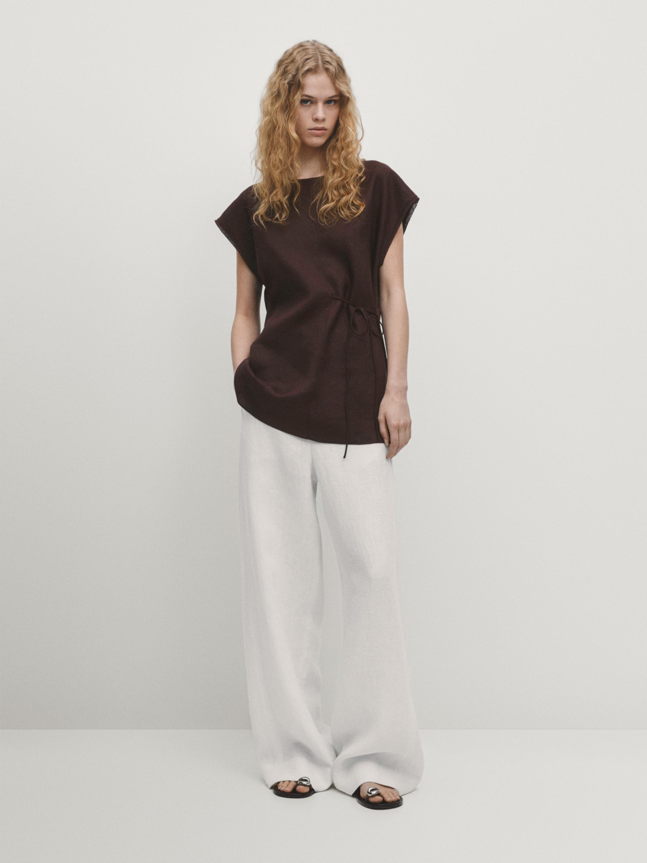 100% linen drop shoulder T-shirt with drawstring details · Chocolate ...