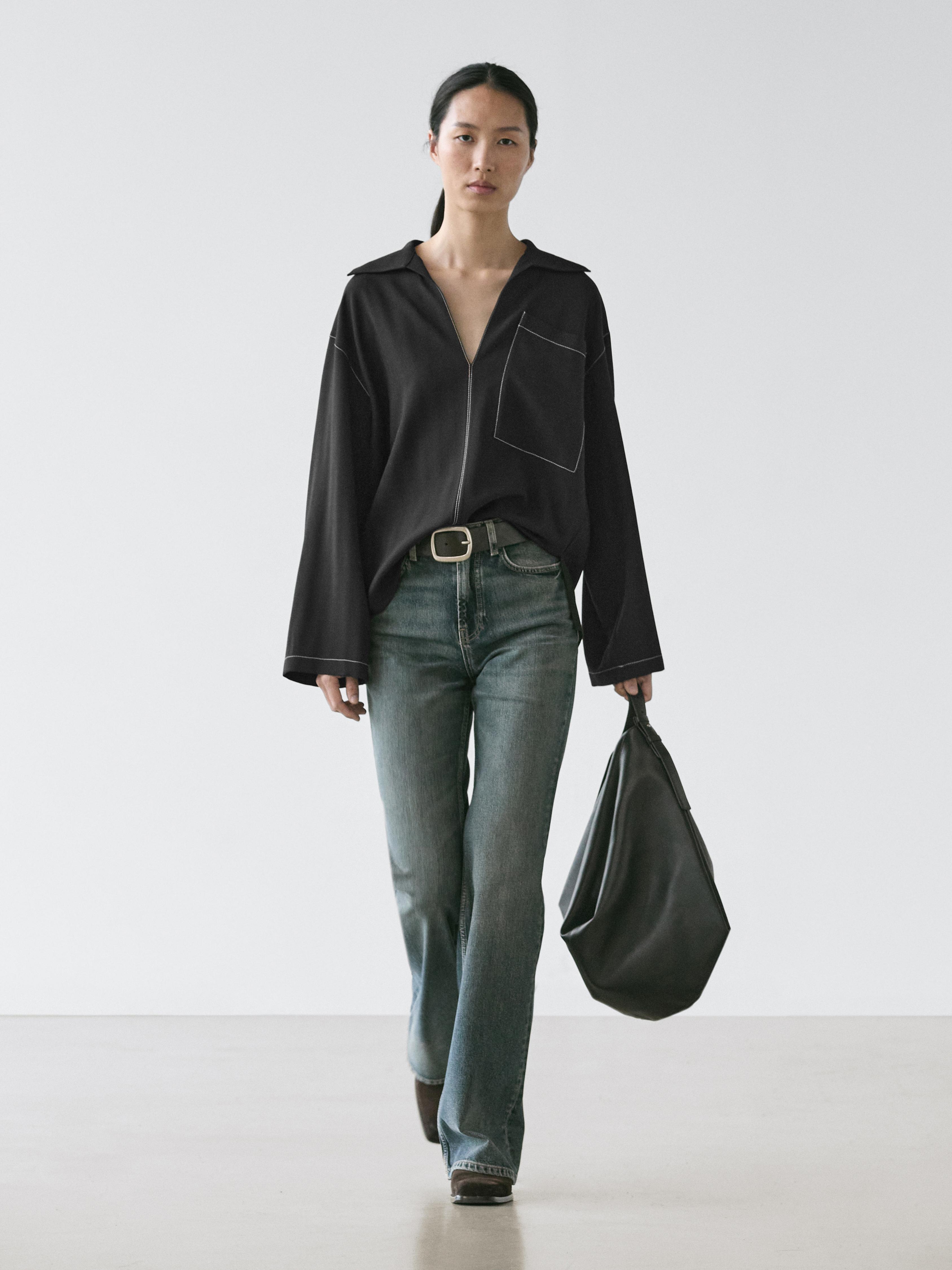 Sobrecamisa fluida com detalhe de bolso com lã · Preto · Blazers ...