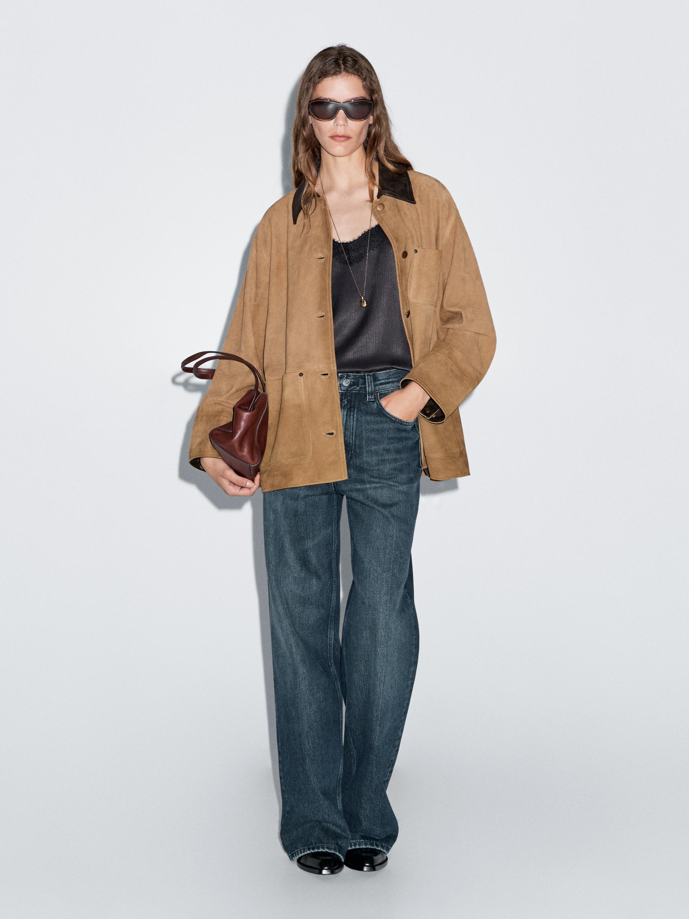 Suede leather jacket with collar detail · Washed · Bomberâ Jacket ...