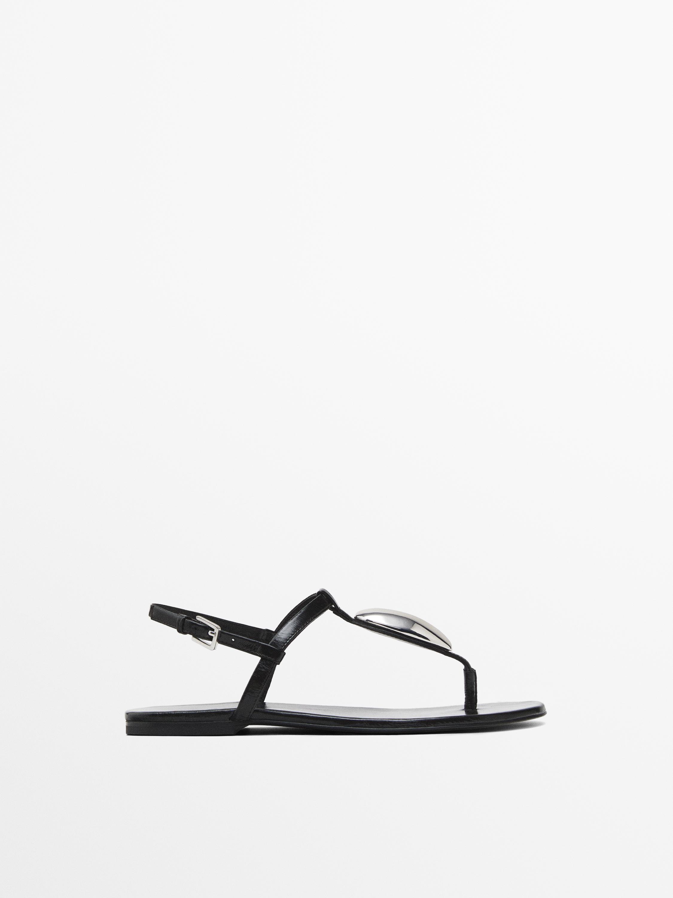 Rhinestone leather sandals · Black · Shoes | Massimo Dutti