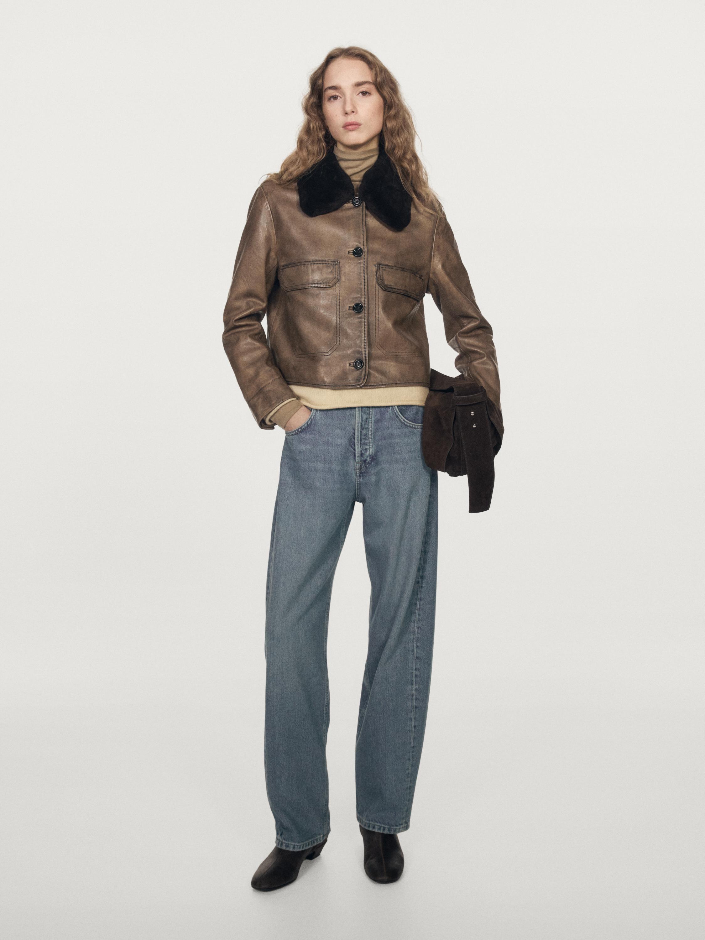 Bunda z kůže napy s límcem z kožešiny · Hnědá · Obleky | Massimo Dutti