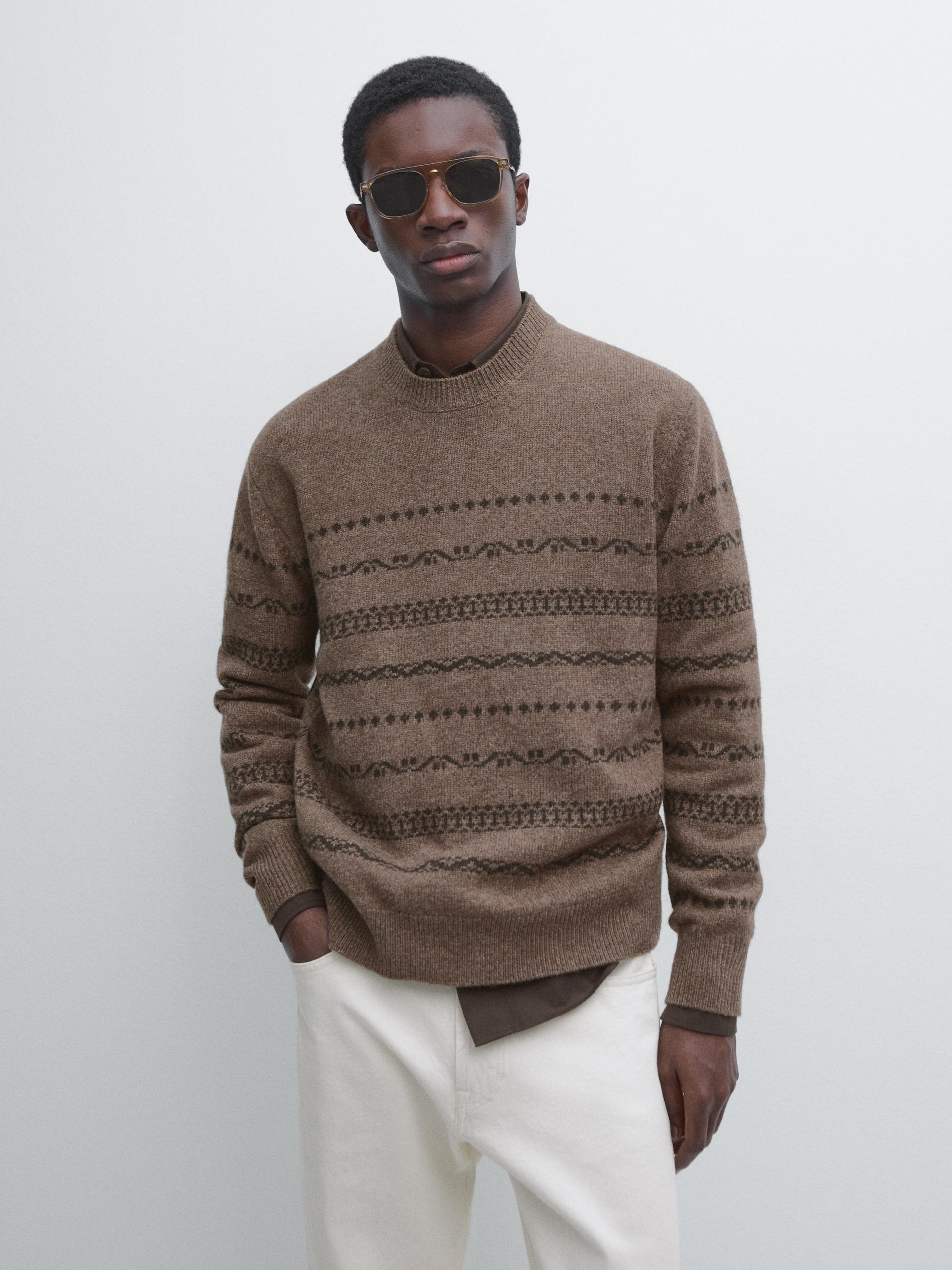 Wool blend jacquard knit sweater · Mocha · Sweaters | Massimo Dutti