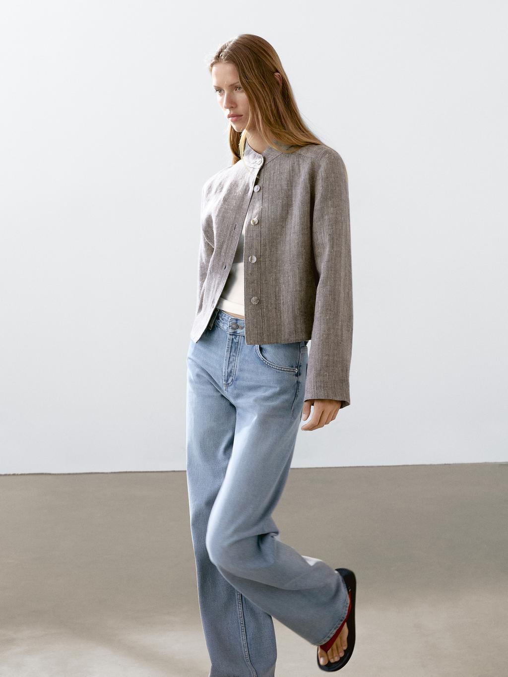 Short linen jacket with stand collar · Grey · Coats And Jackets ...