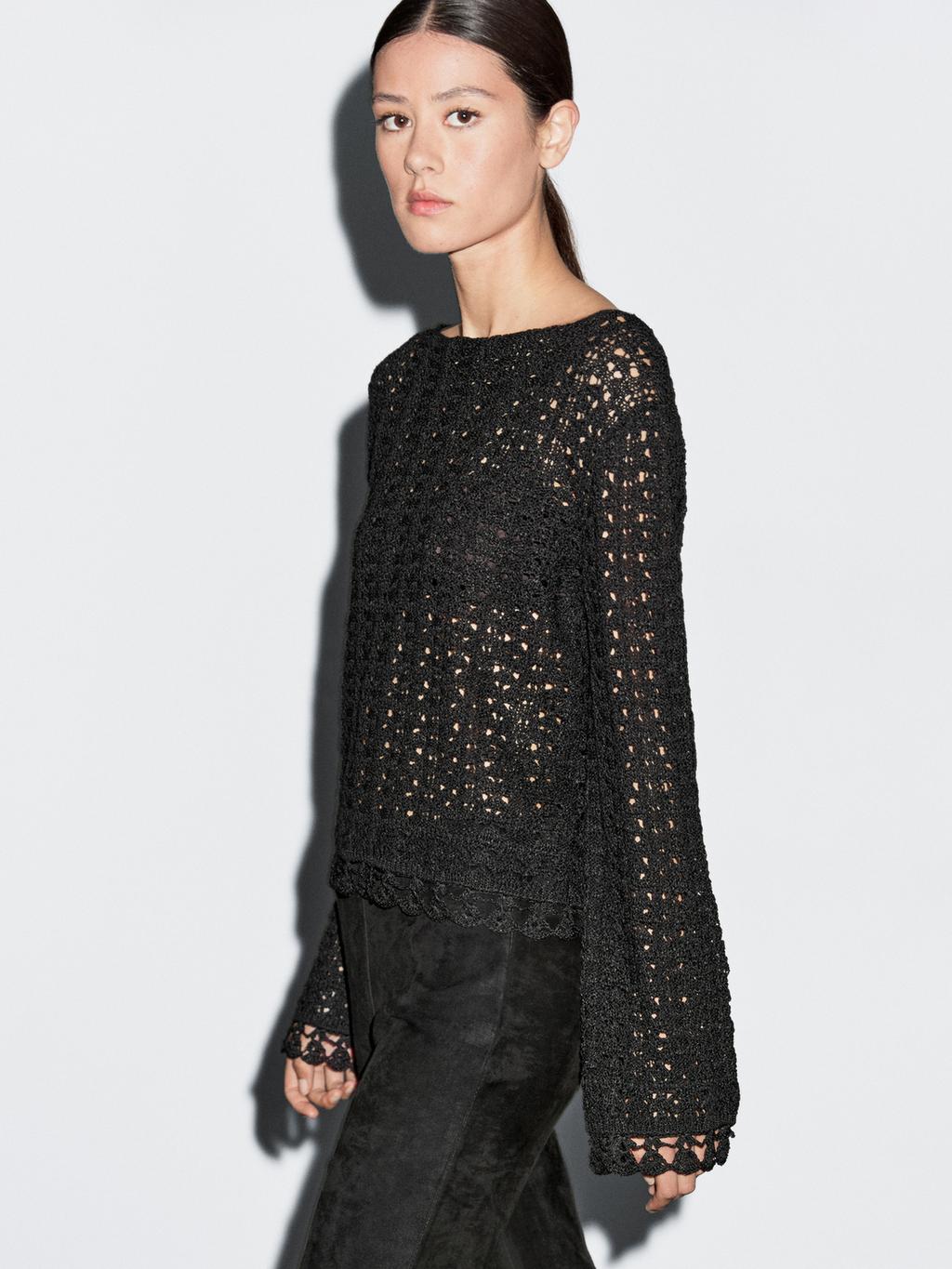 Cotton blend openwork crochet sweater · Black, Cream · Sweaters ...