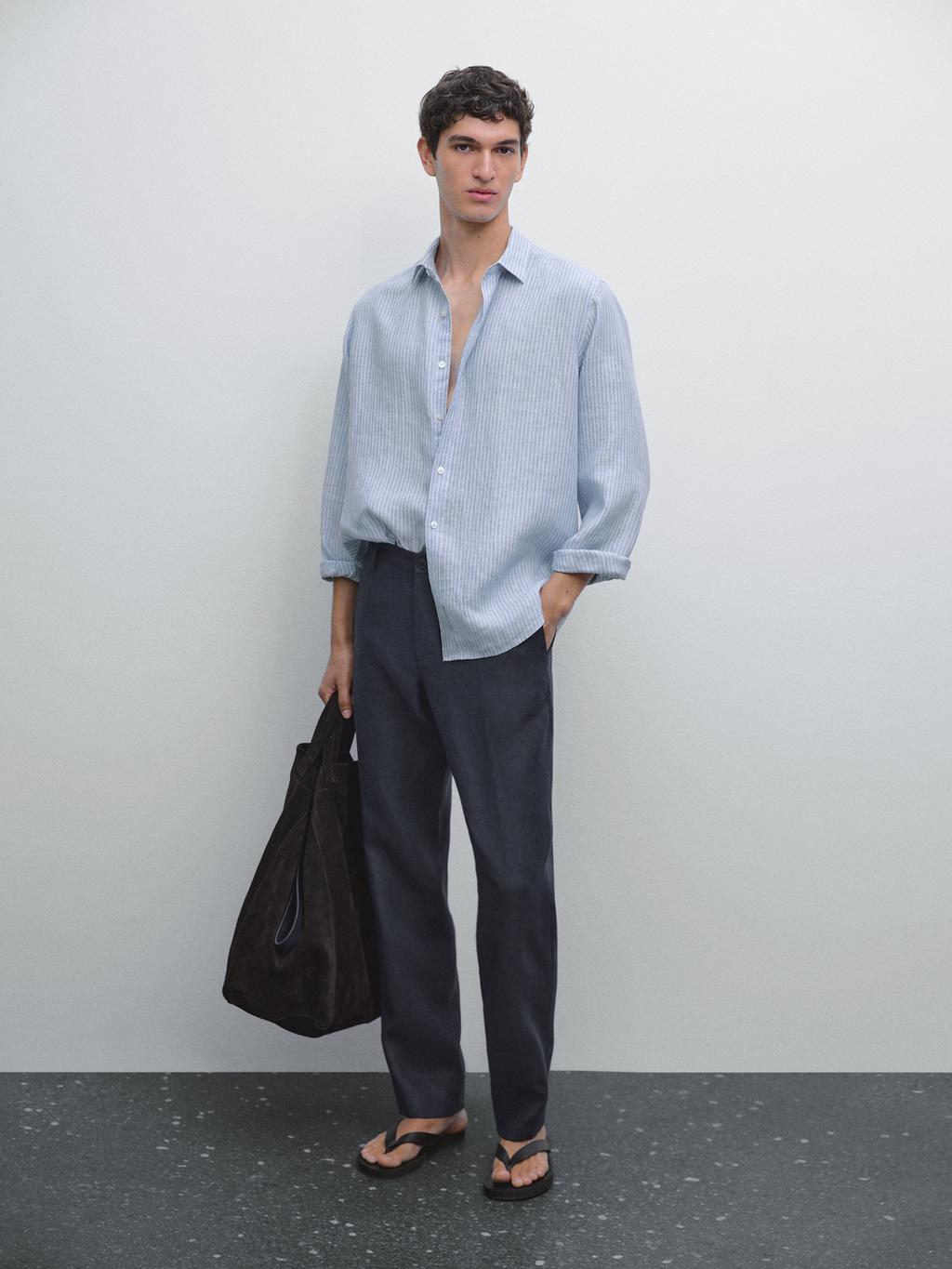 Pantaloni regular fit lino · Blu Marino, Bianco · Pantaloni | Massimo Dutti