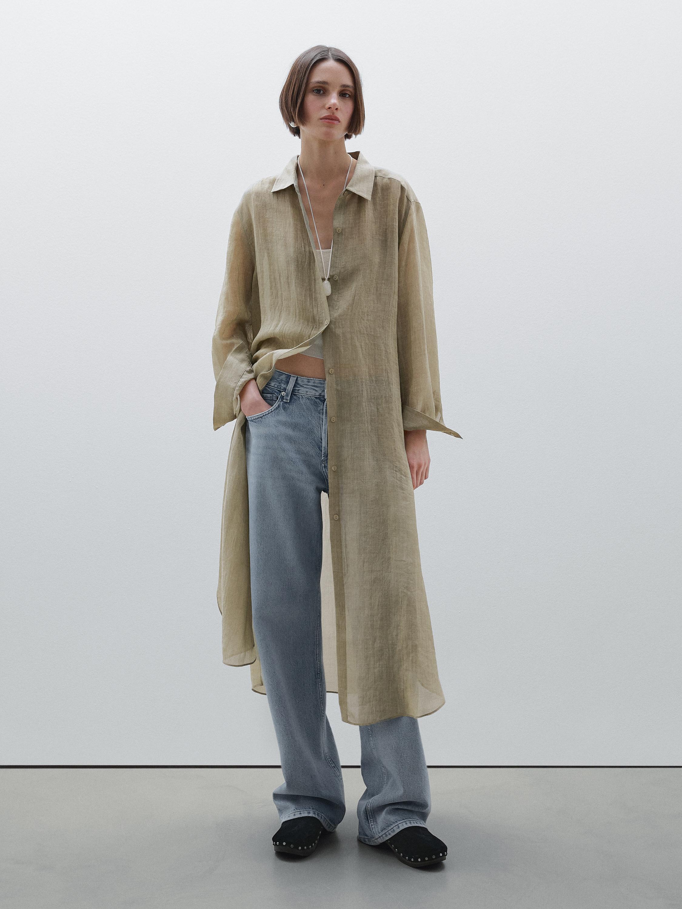 Semi-sheer ramie blend oversize blouse · Green, Bluish Grey · Shirts ...