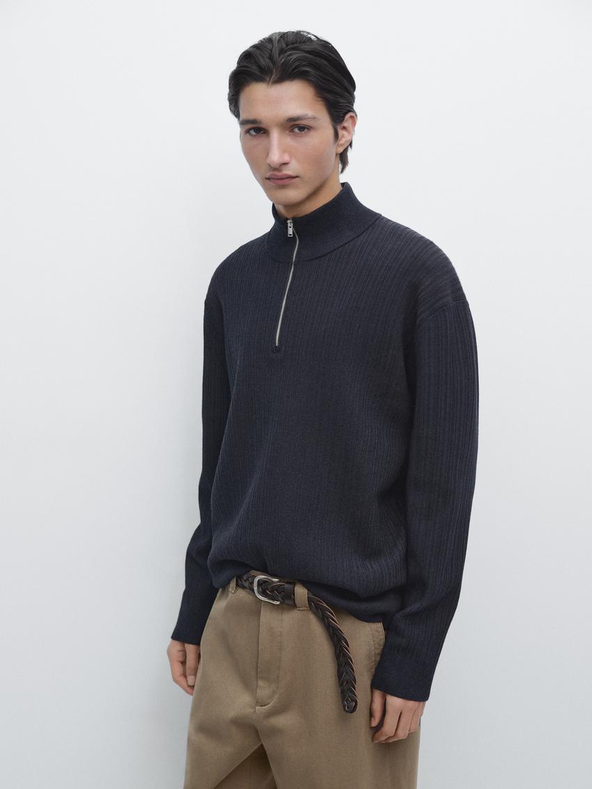 Mock neck knit sweater with zip · Faded Navy · Sweaters | Massimo Dutti