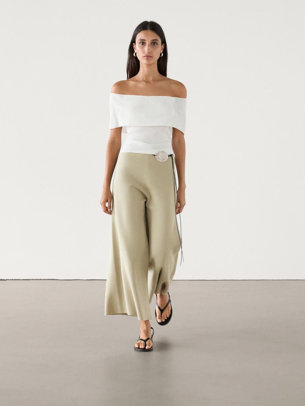 Wide-leg milano knit trousers · Pale Khaki, Cream · Dressy | Massimo Dutti