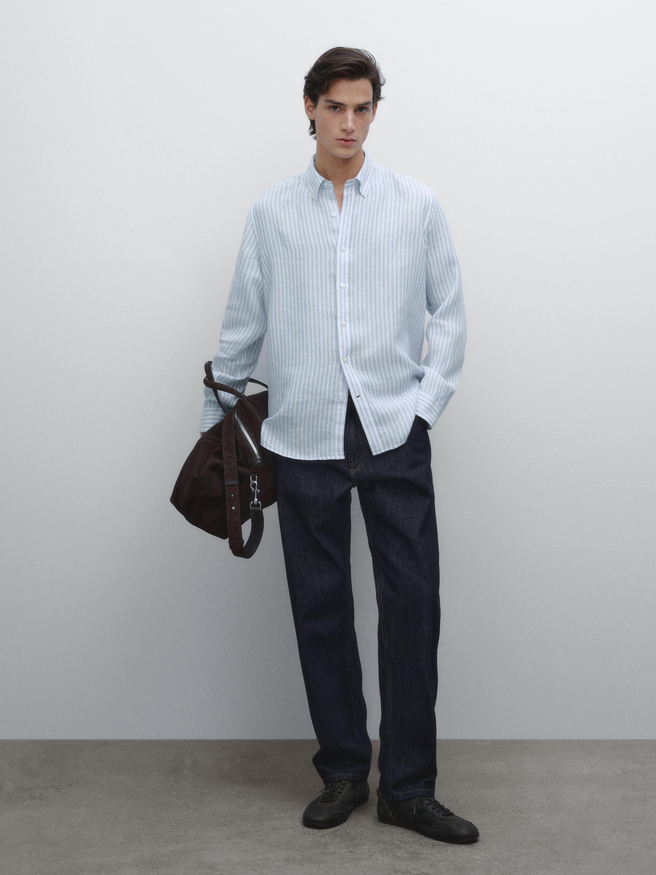 Cămașă regular fit din in 100% cu dungi · Azuriu · Cămăși | Massimo Dutti