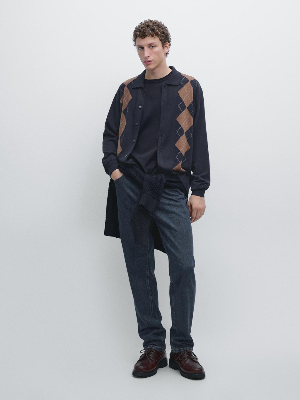 Cárdigan punto rombos con lana · Azul Marino · Cardigan | Massimo Dutti