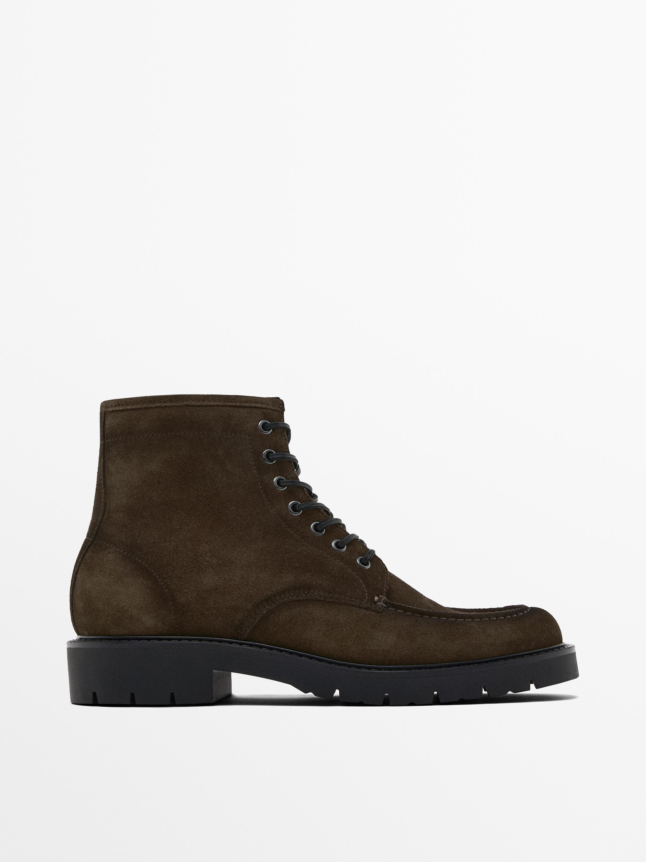 Bottines en croûte de cuir à ganse · Marron · Chaussures | Massimo Dutti