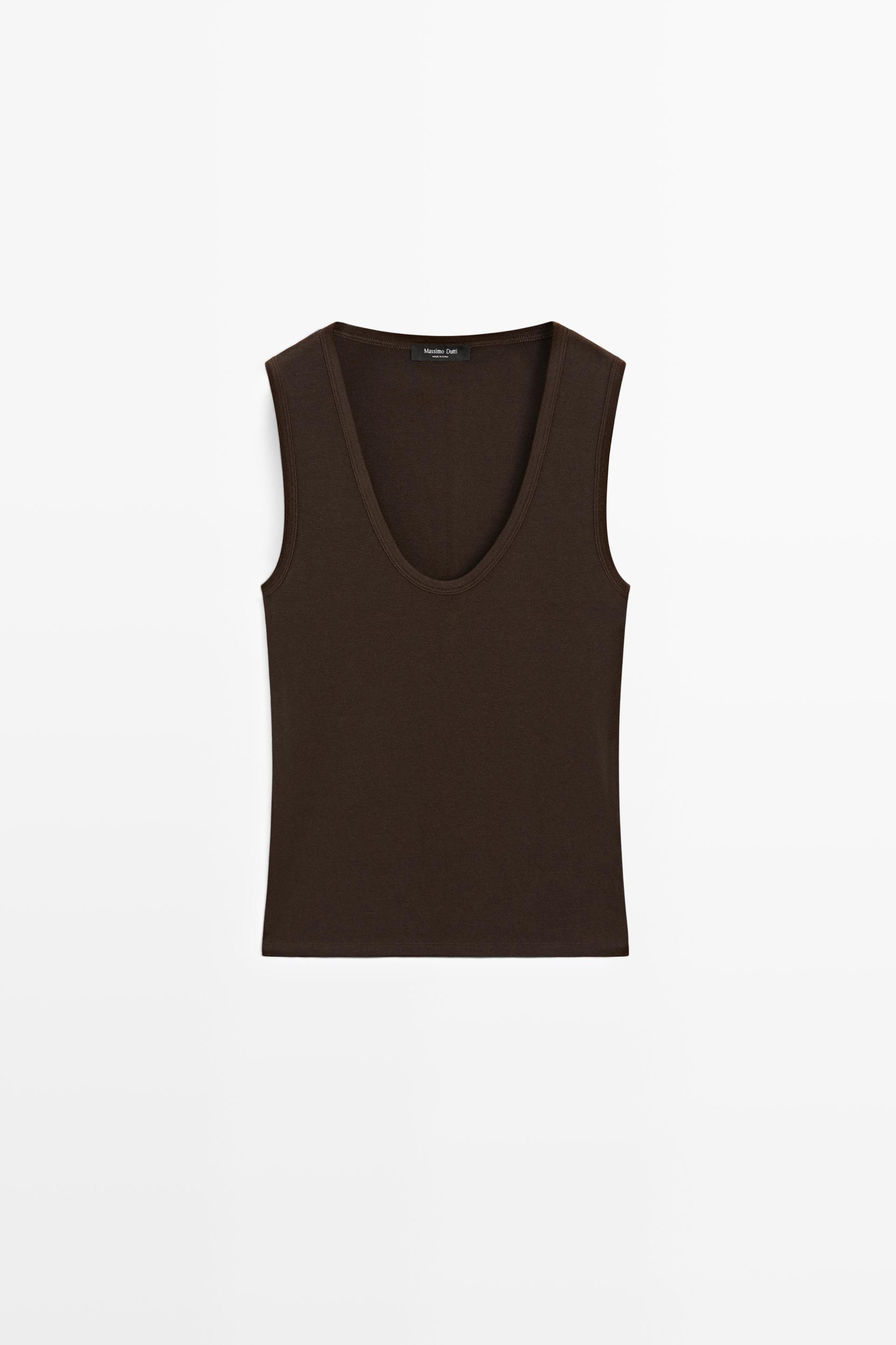 Sleeveless V-neck top · Brown, White · T-shirt | Massimo Dutti