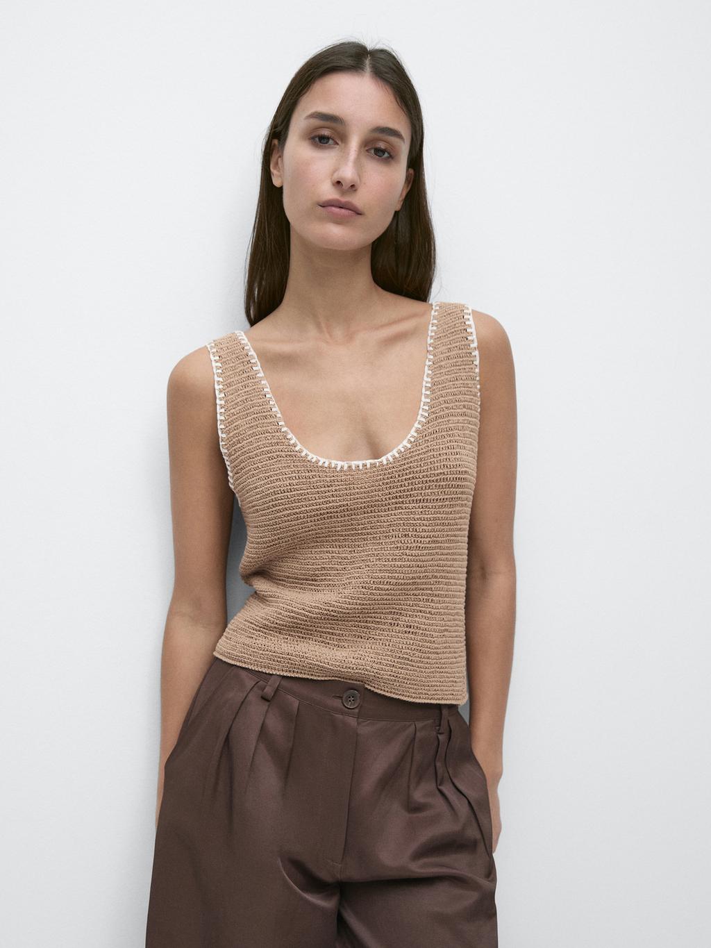 Top punto contraste mezcla algodón · Camel · Tops Y Otras Prendas ...
