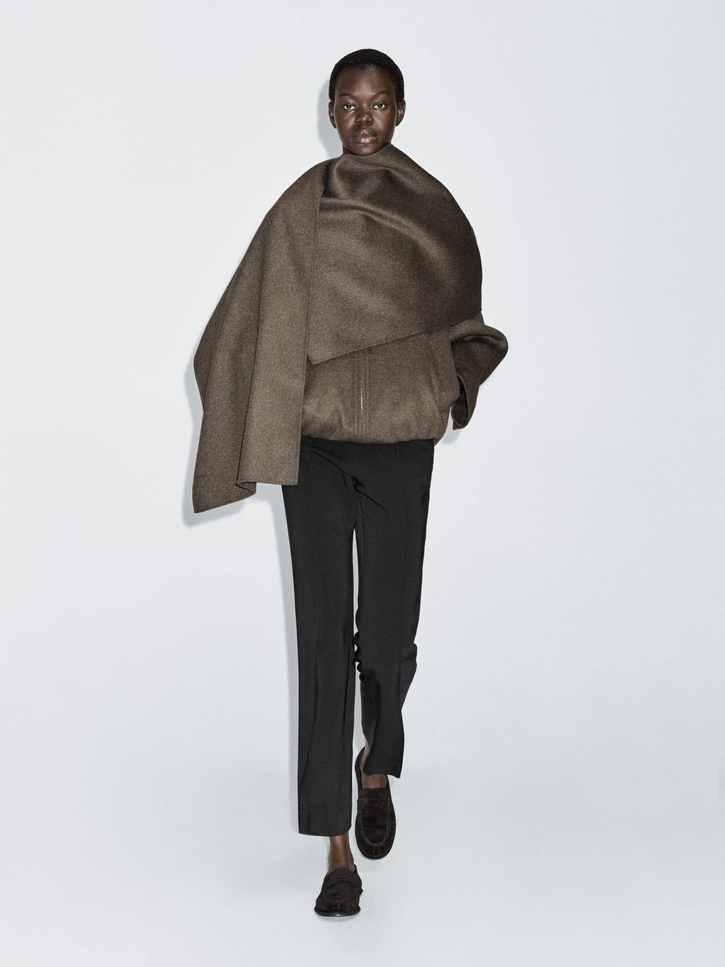 Wool blend bomber jacket with scarf · Grey · Coats | Massimo Dutti