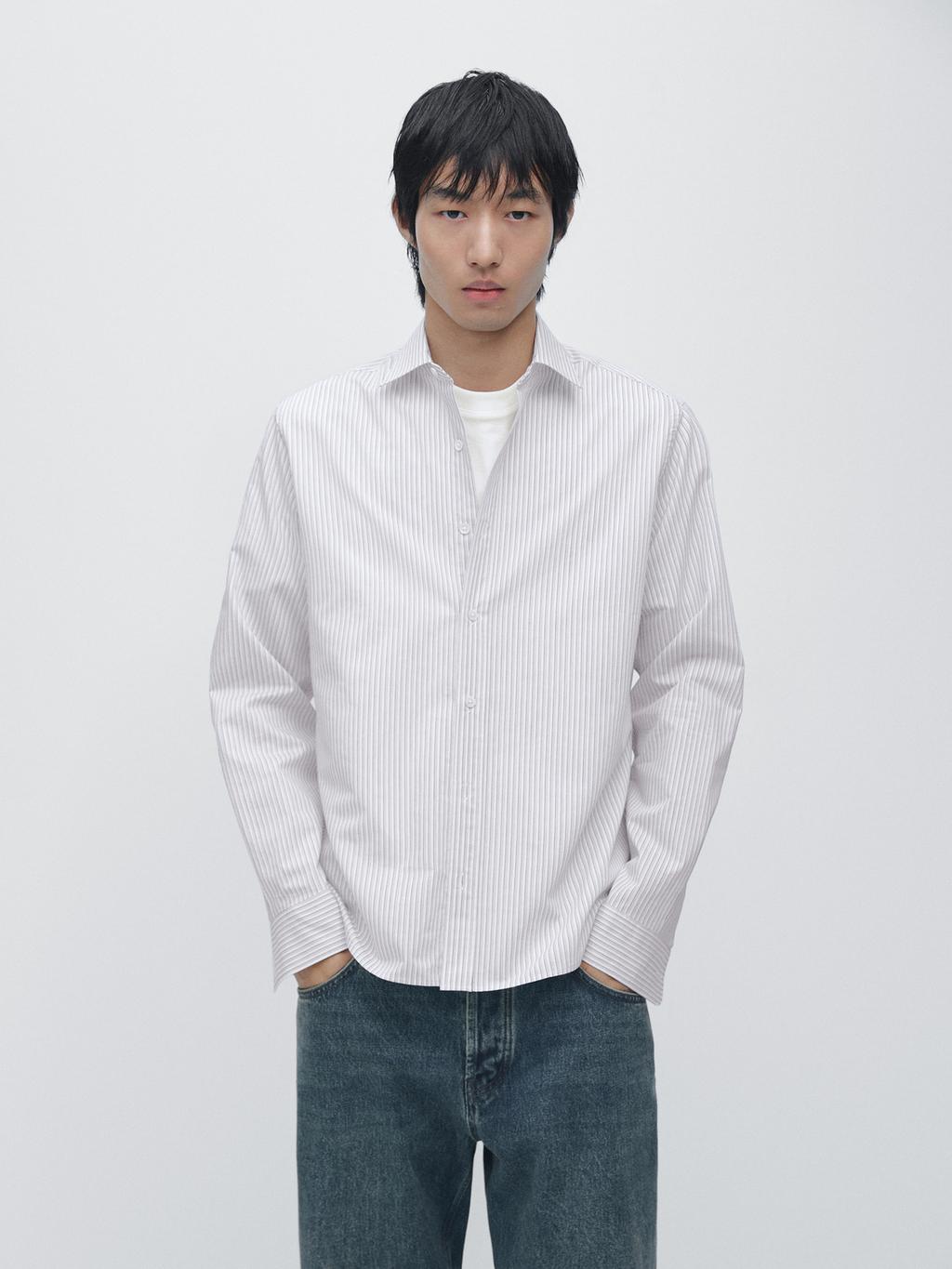 Striped cotton blend shirt · Blue · Shirts | Massimo Dutti